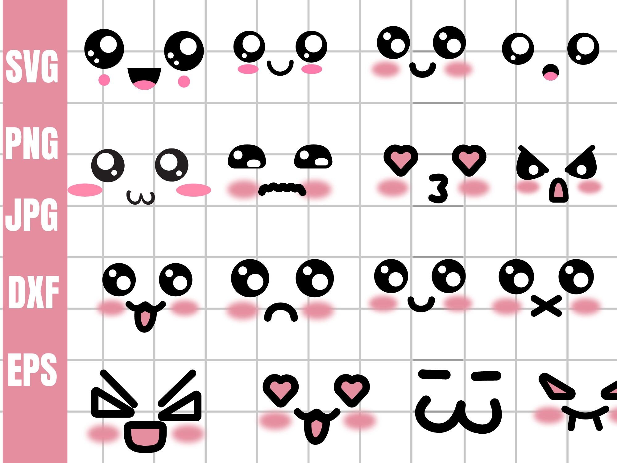 Kawaii Faces SVG Bundle, Cute Face Clipart, Cartoon Emoji Face Svg ...