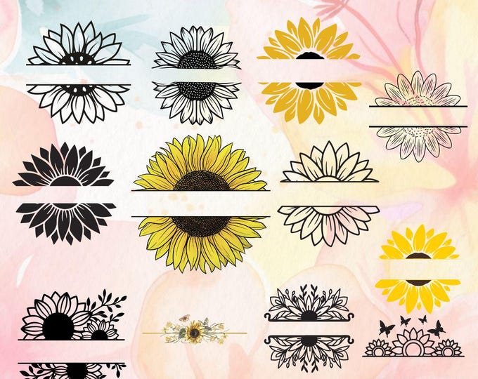 Split Sunflower Svg, Half Sunflower Svg, Sunflower Clipart, Split ...