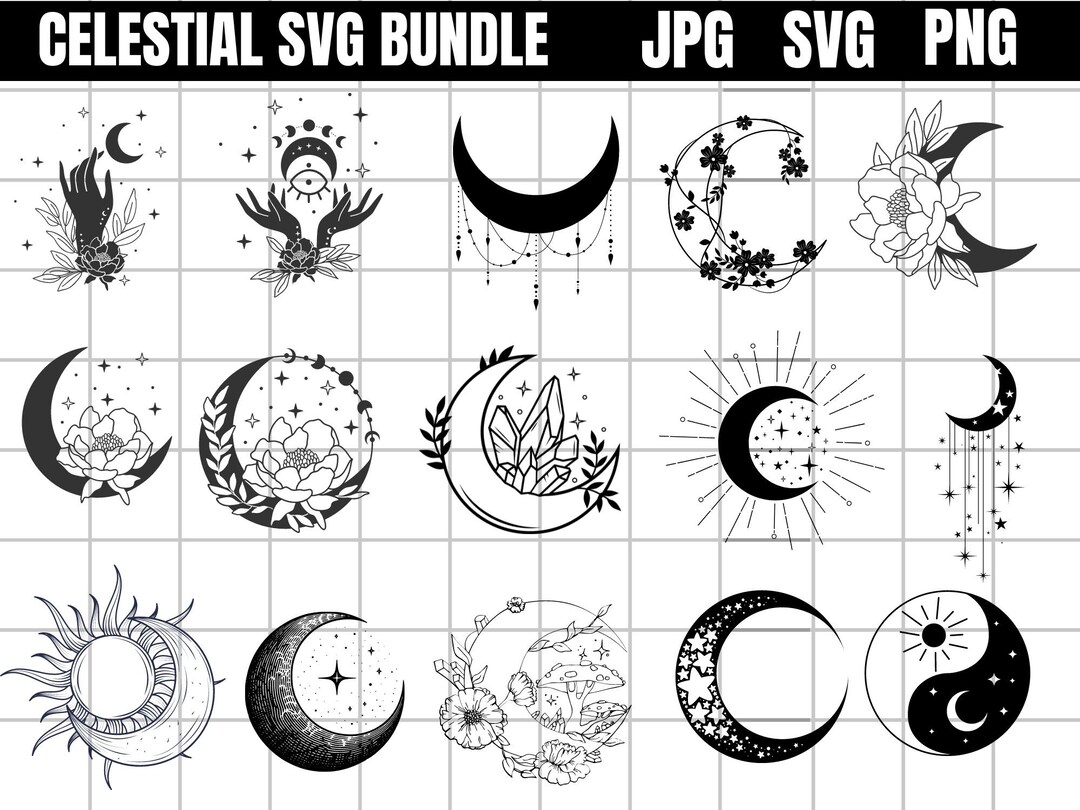 Moon SVG Bundle, Floral Moon Svg, Mystic Celestial Svg, Moon and Stars ...