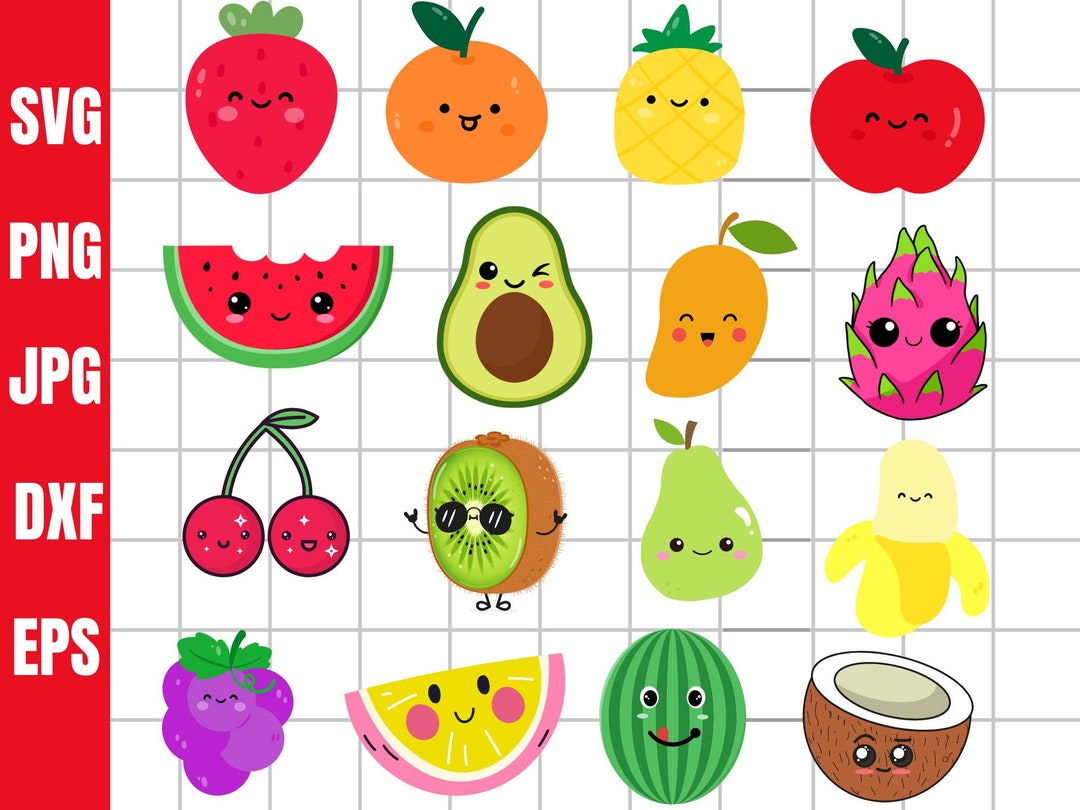 Kawaii Fruit Svg Cute Fruit Svg, Fruit Bundle Svg, Cute Food Svg, Fruit ...