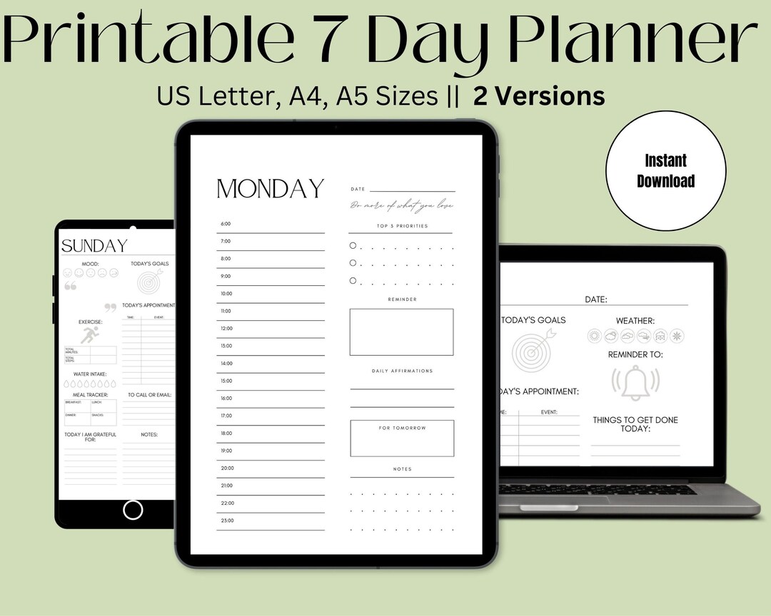 7 Day Planner Printable Weekly Planner for Organization Daily - Etsy