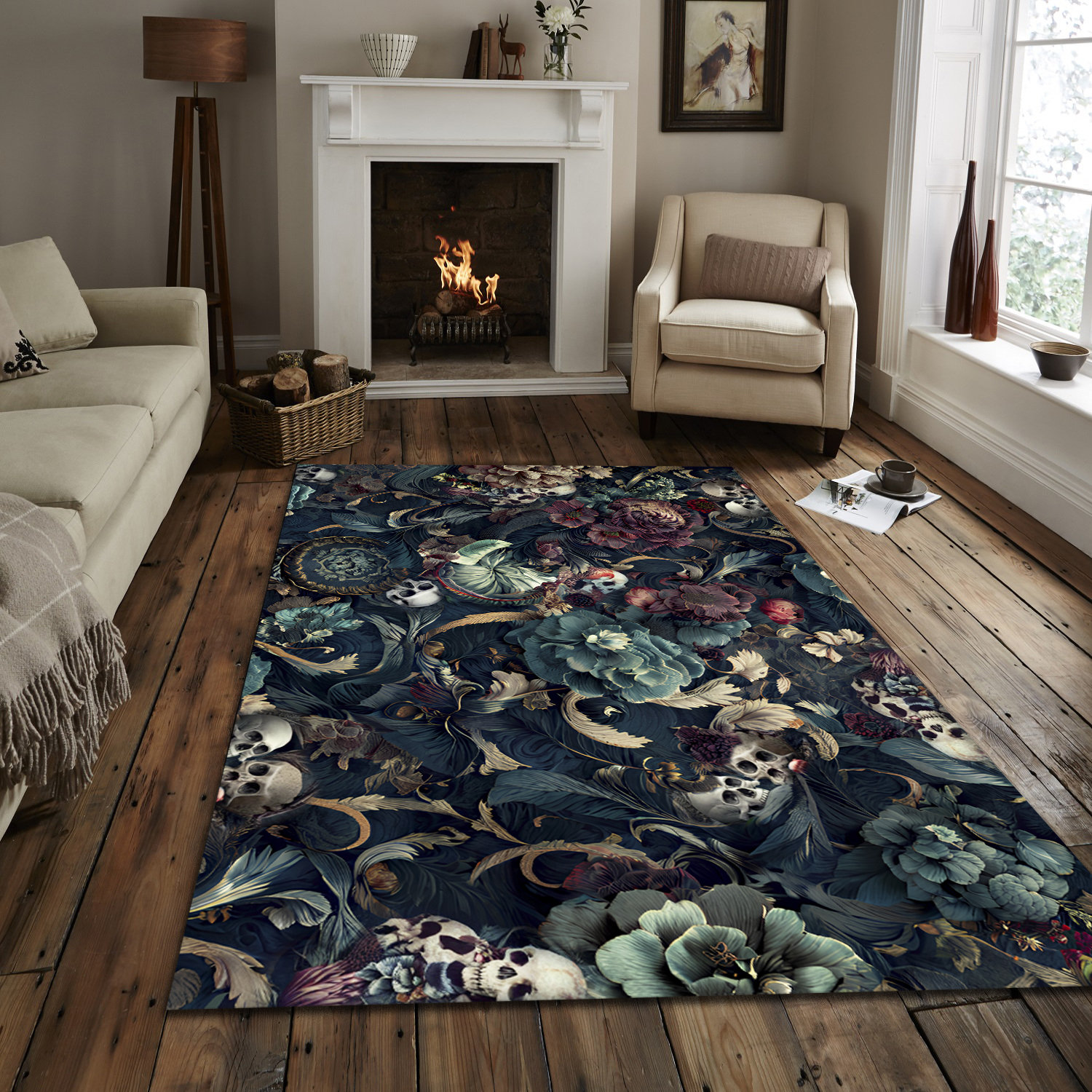Gothic Rug, Dark Garden, Skull Rug, Flower Rug, Fear Rug, Modern Rug ...
