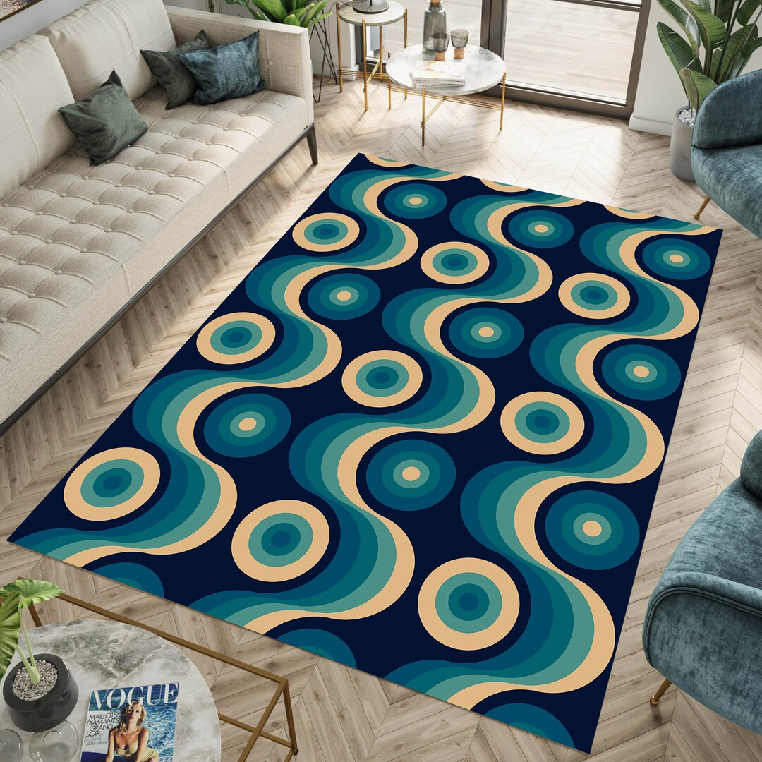 Blue Rug, Retro Geometric Rug, Psychedelic Rug, Groovy 70s Rug, Wavy ...