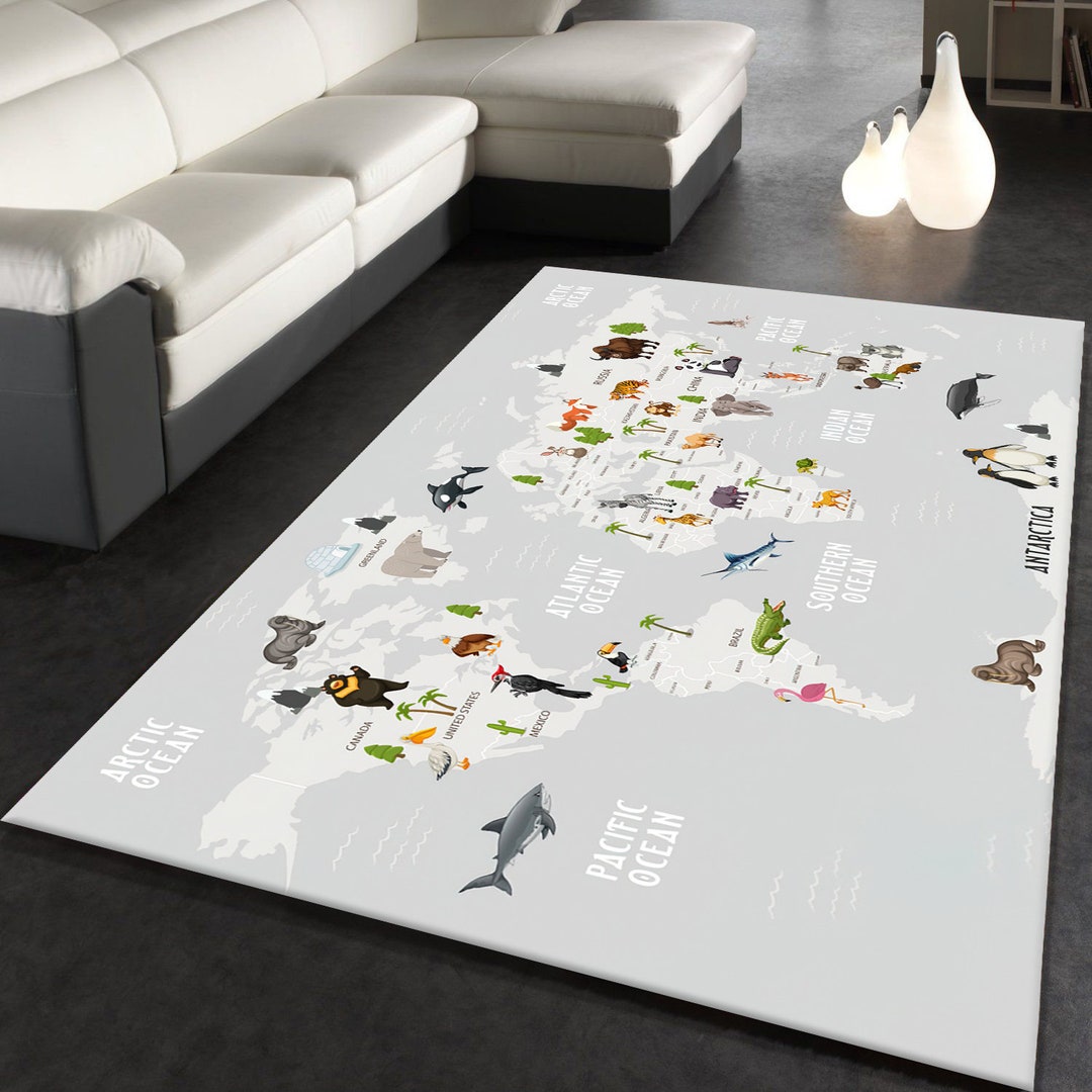 World Map Kids Rug: Cotton Play Mat, Animals Decor - Etsy