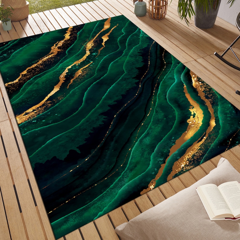 Emerald Green Rug, Marble Deoor, Gold Marble Rug, Area Rug, Abstract ...