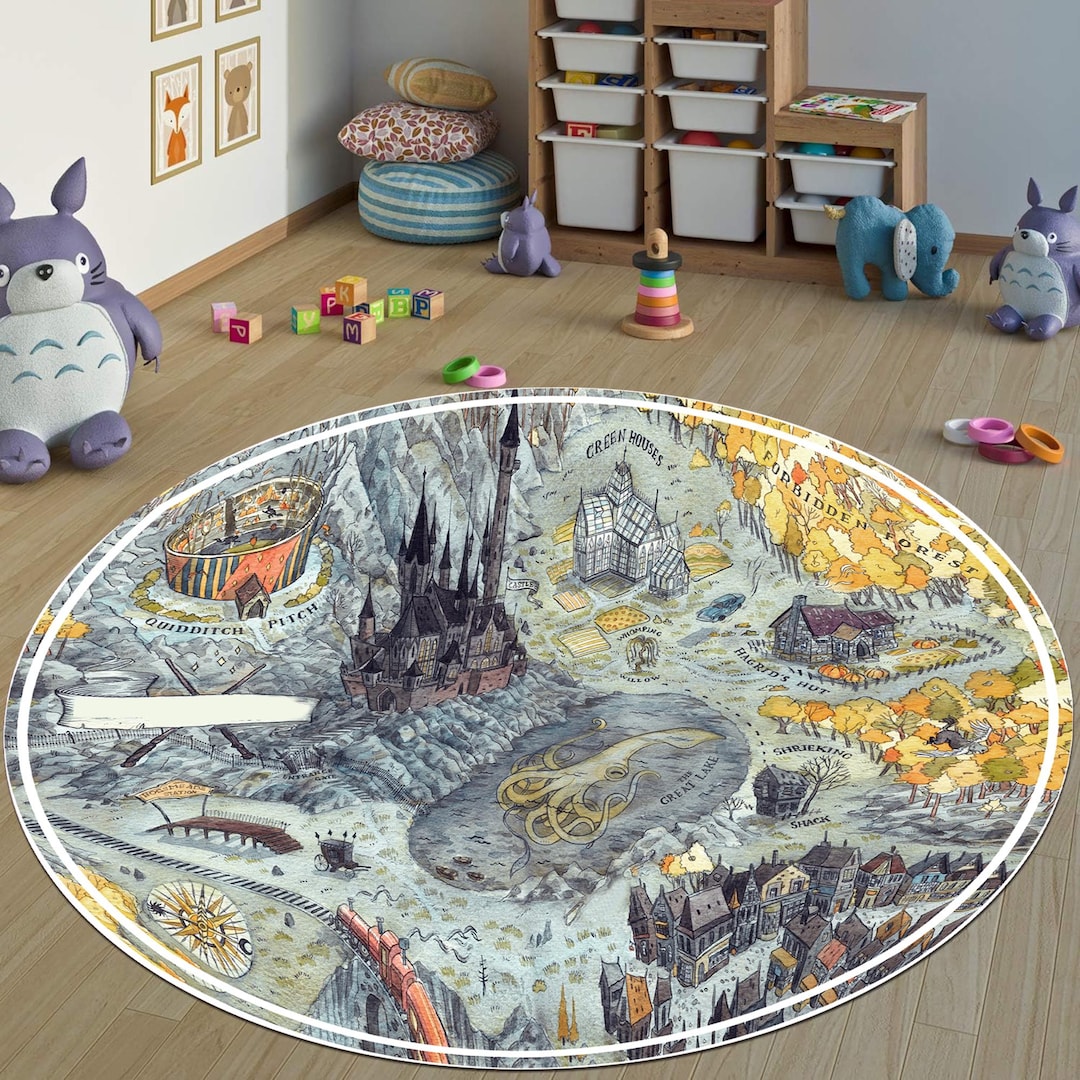 Wizarding School Map Rug, Round Nursery Play Mat, Wizardry Themed Kids ...
