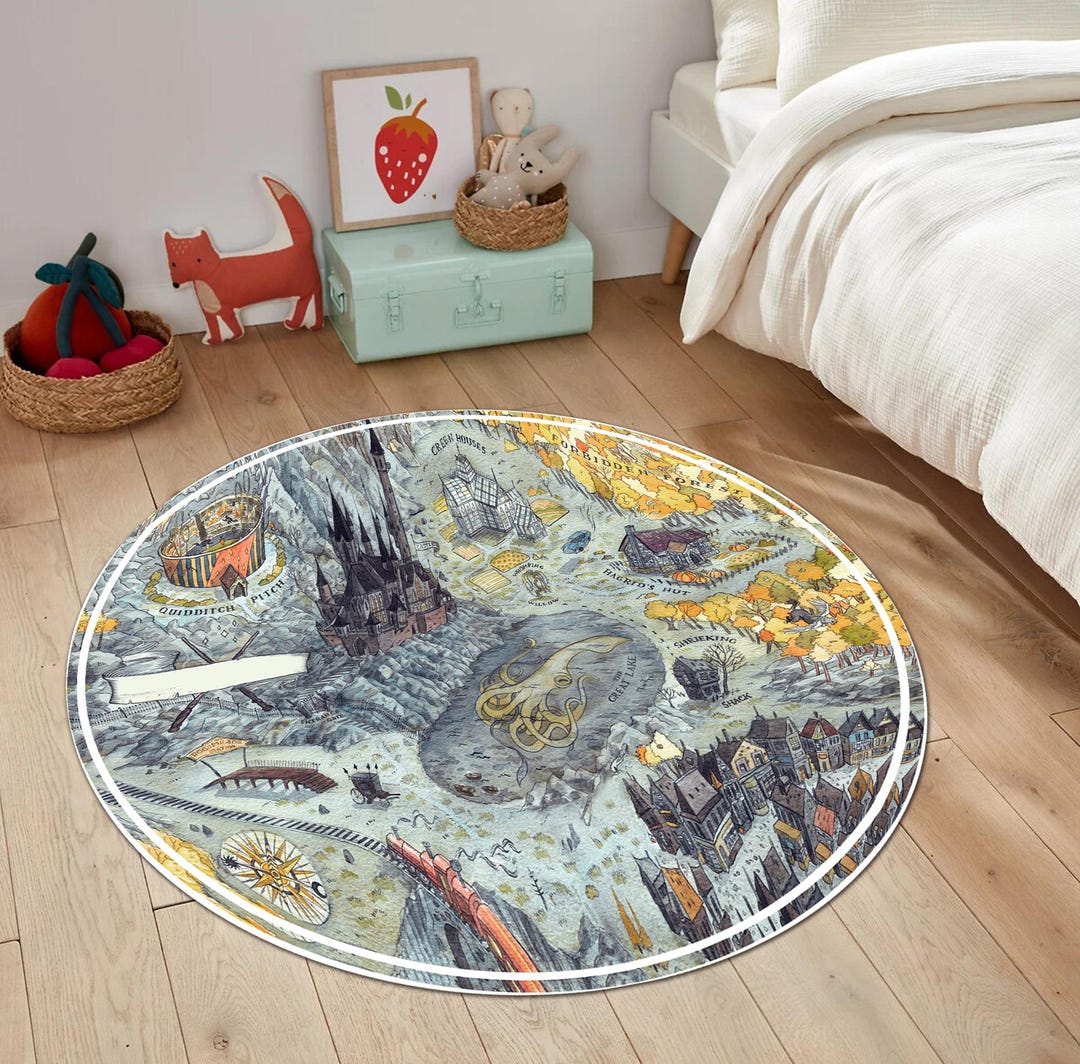 Wizarding School Map Rug, Round Nursery Play Mat, Wizardry Themed Kids ...