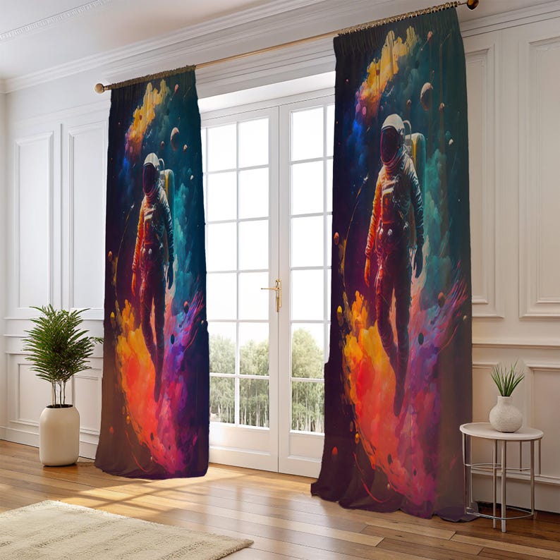 Astronaut in Galaxy Window Curtains, Colorful Space Nebula Drapes ...