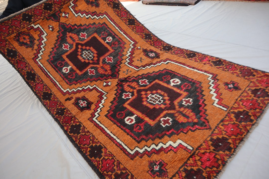4x7 Orange Afghan Caucasian Design Rug Orange Vintage - Etsy