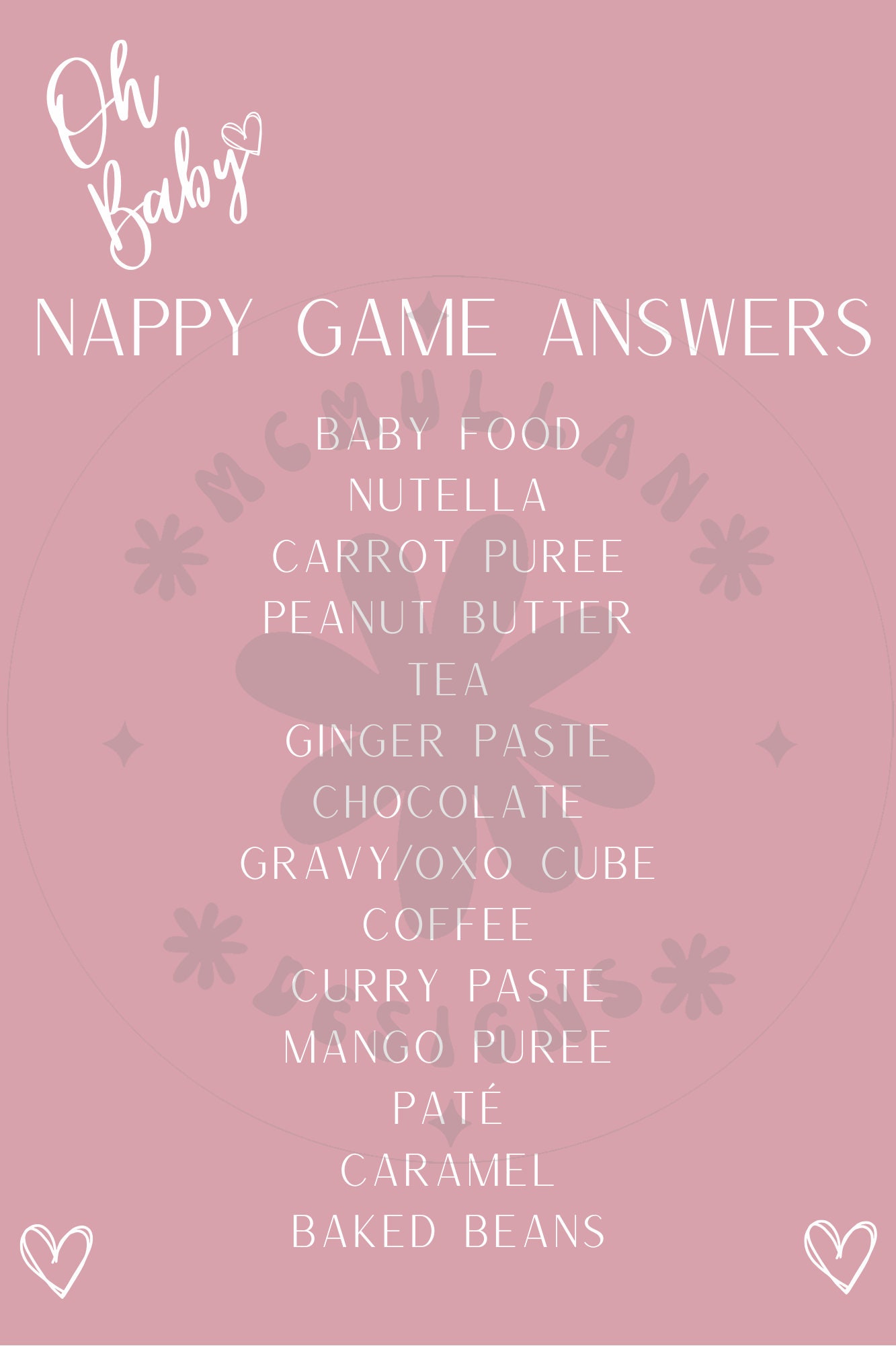Pampas Nappy Game for Baby Showers Includes 5 Nappies, Answer Sheets ...