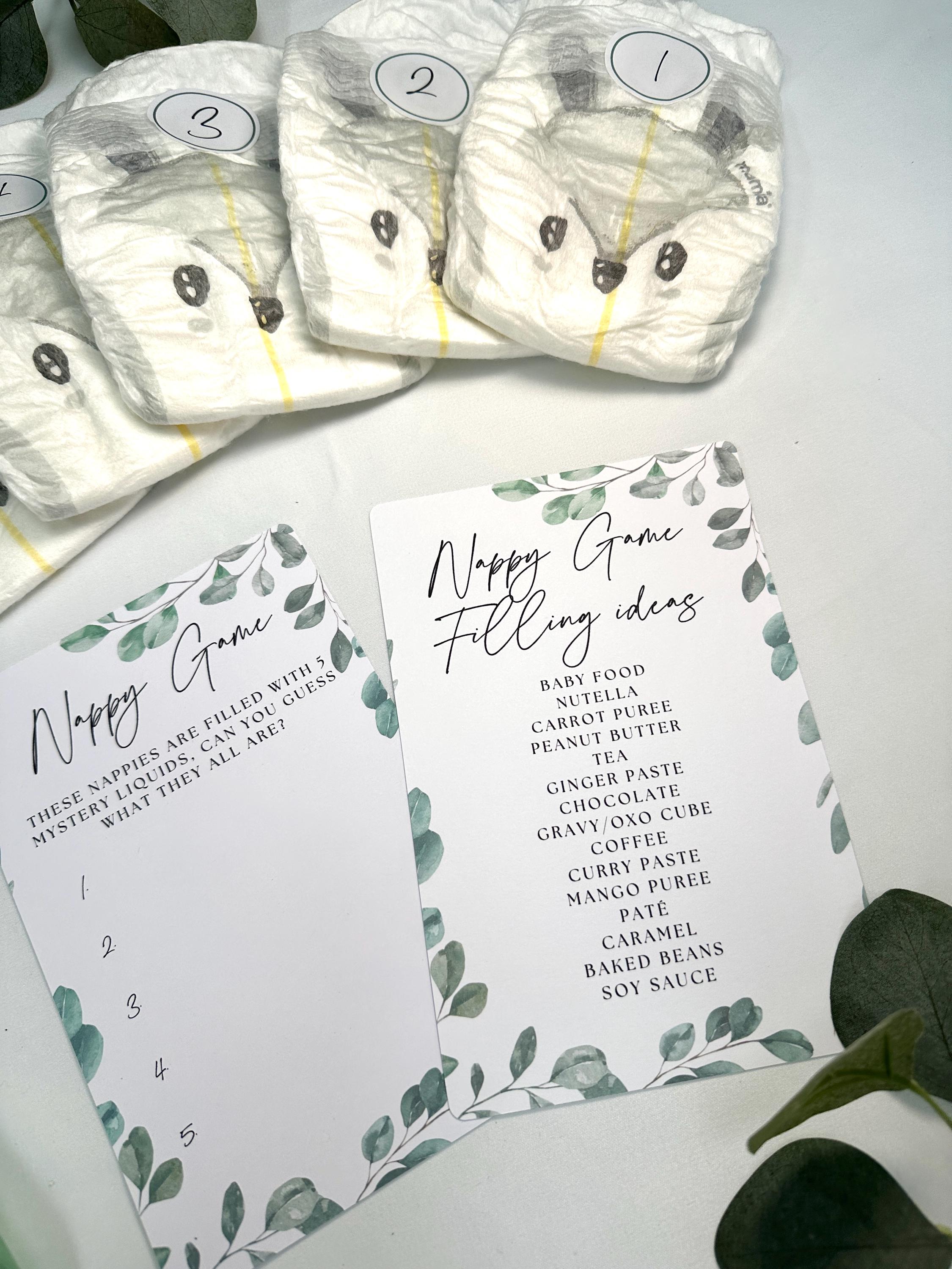 Pampas Nappy Game for Baby Showers - Includes 5 Nappies, Answer Sheets ...