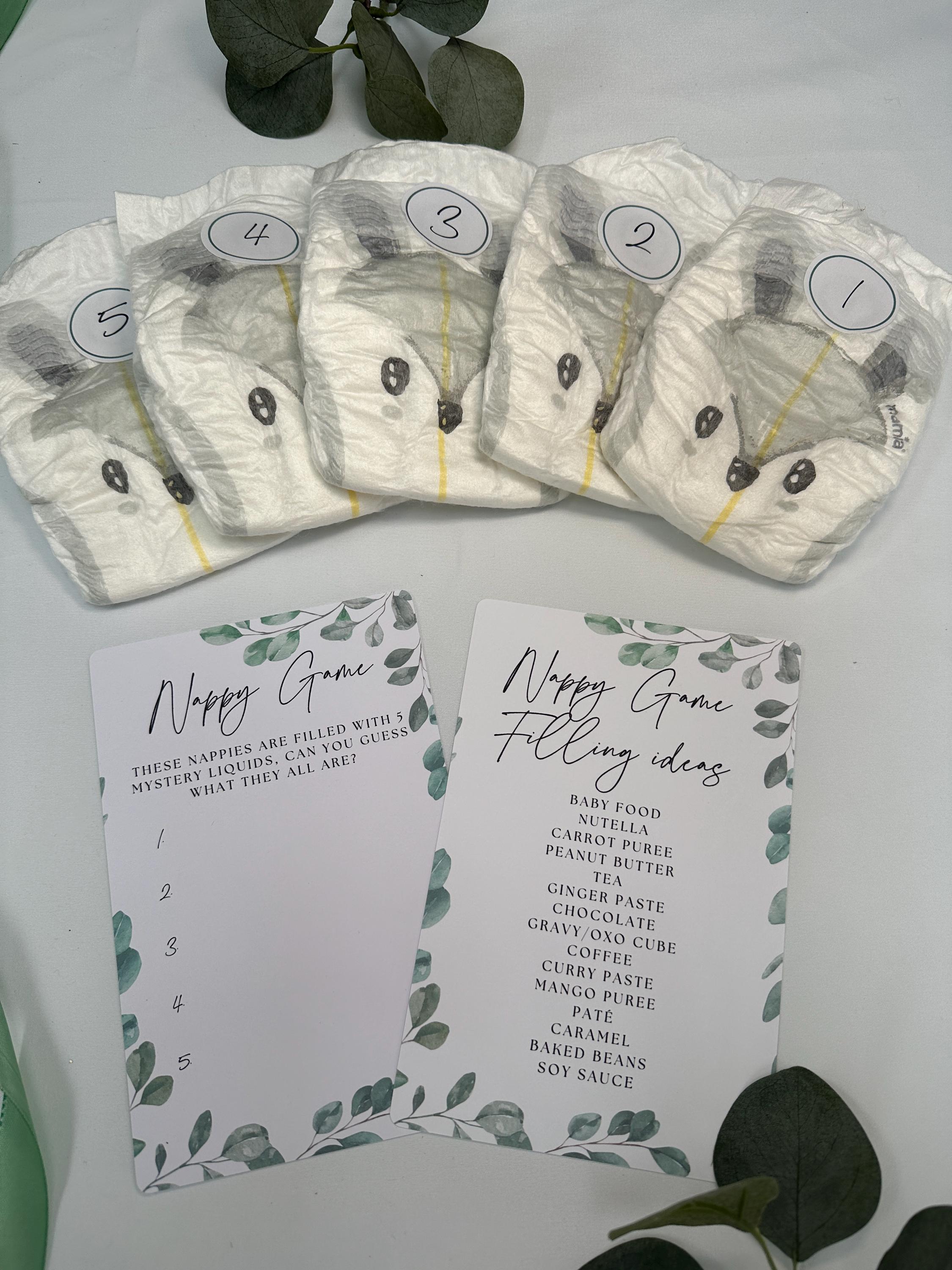Pampas Nappy Game for Baby Showers - Includes 5 Nappies, Answer Sheets ...