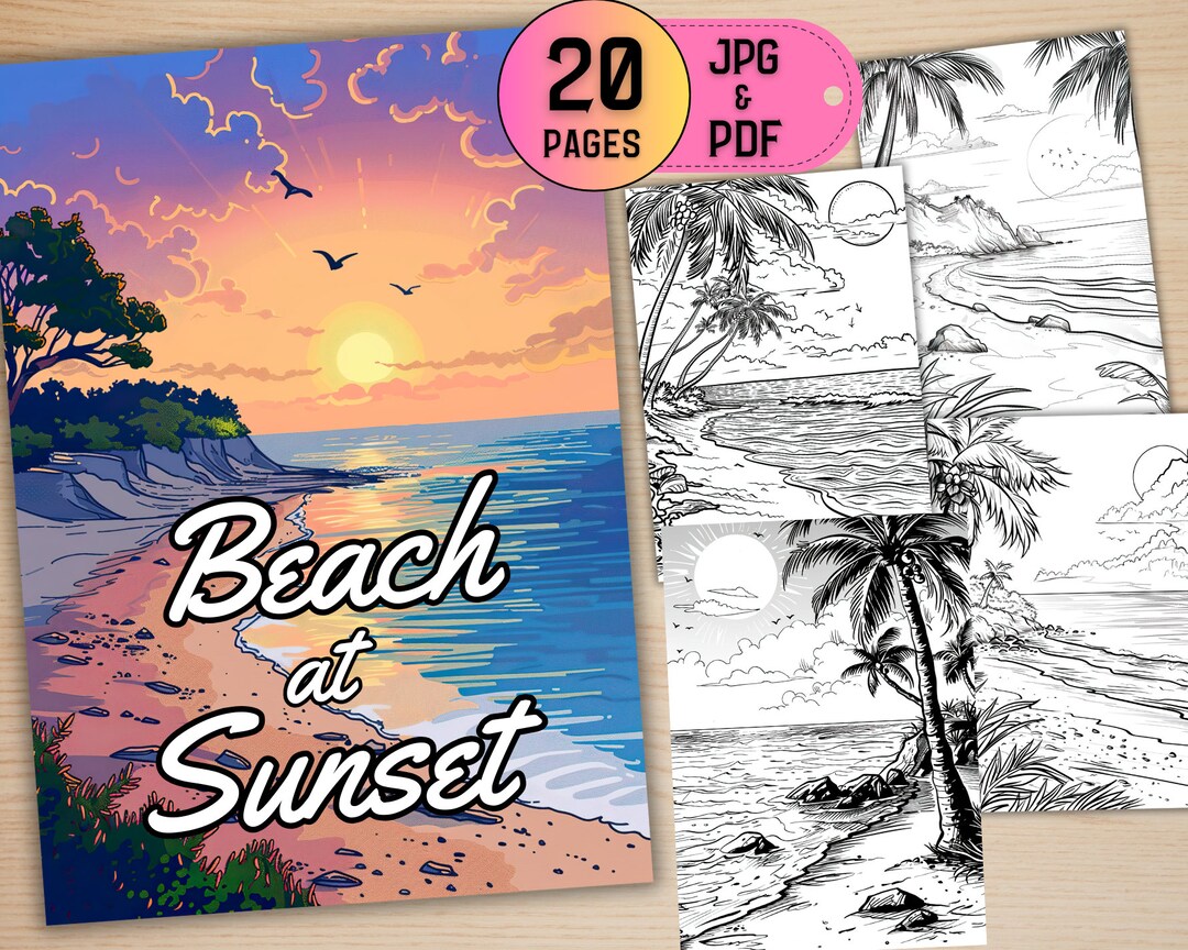 20 Summer Beach at Sunset Landscape Coloring Pages for Kids and Adults ...