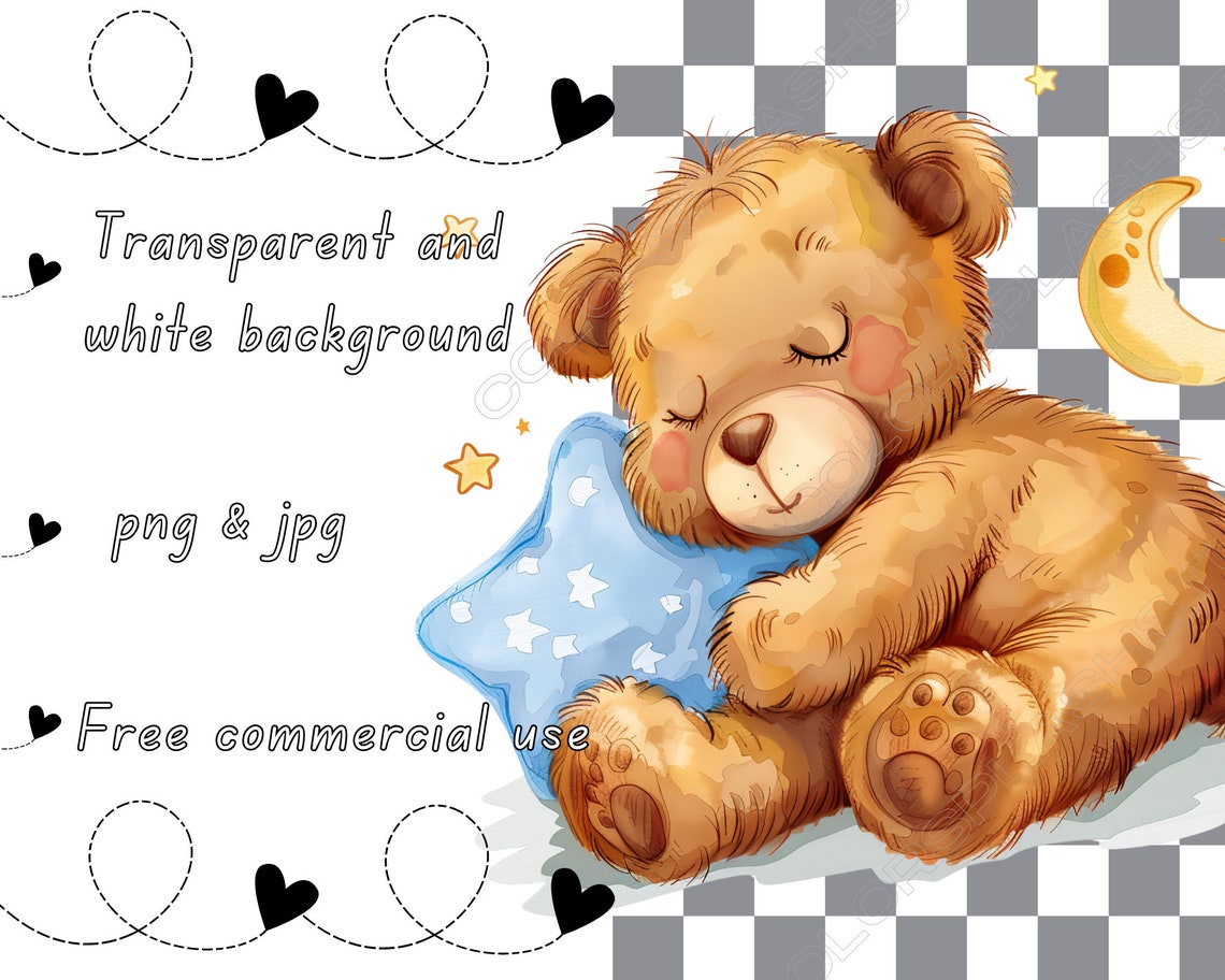 16 Watercolor Teddy Bear Clipart Set, Sleeping Teddy Bears, Cute Teddy ...