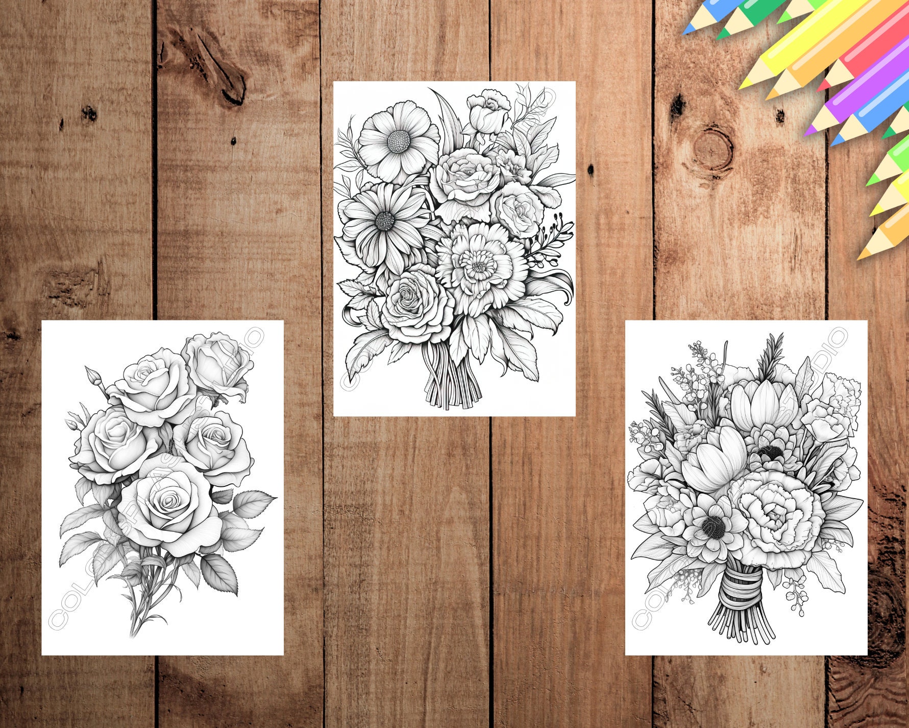 40 Beautiful Bouquet of Flowers Coloring Pages, Adult Coloring, Floral ...