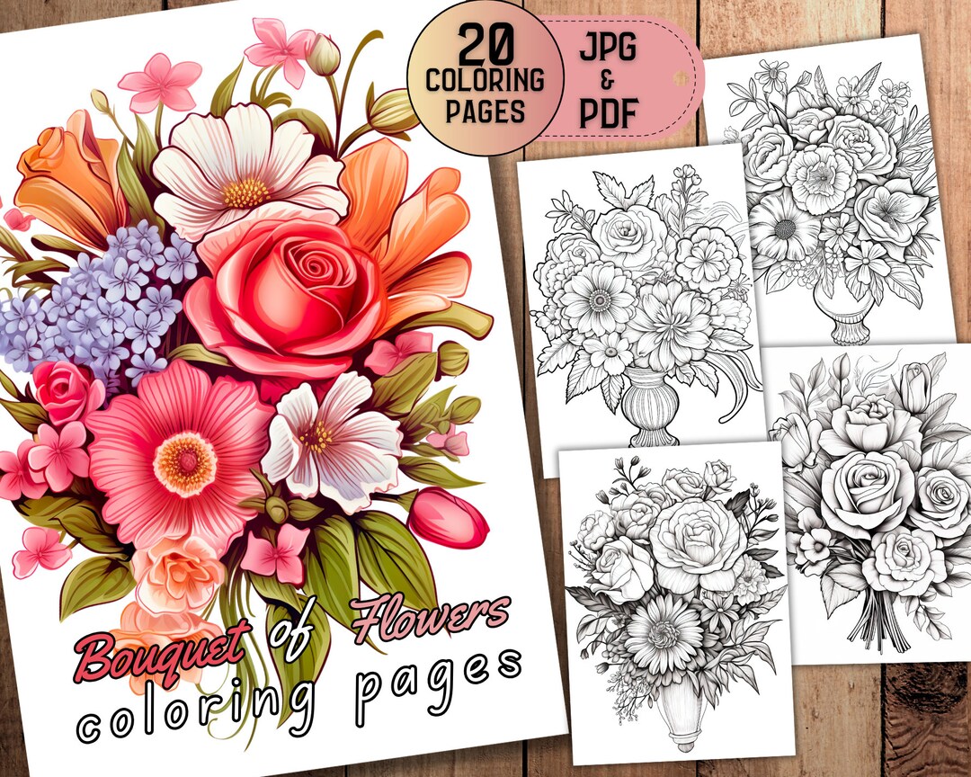 20 Enchanted Bouquet of Flowers Coloring Page, Floral Coloring Book ...