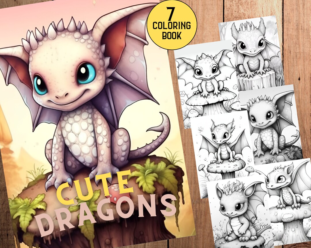 Set of 7 Fantasy Dragon Baby Coloring Pages Pt.1 - Grayscale Printable ...