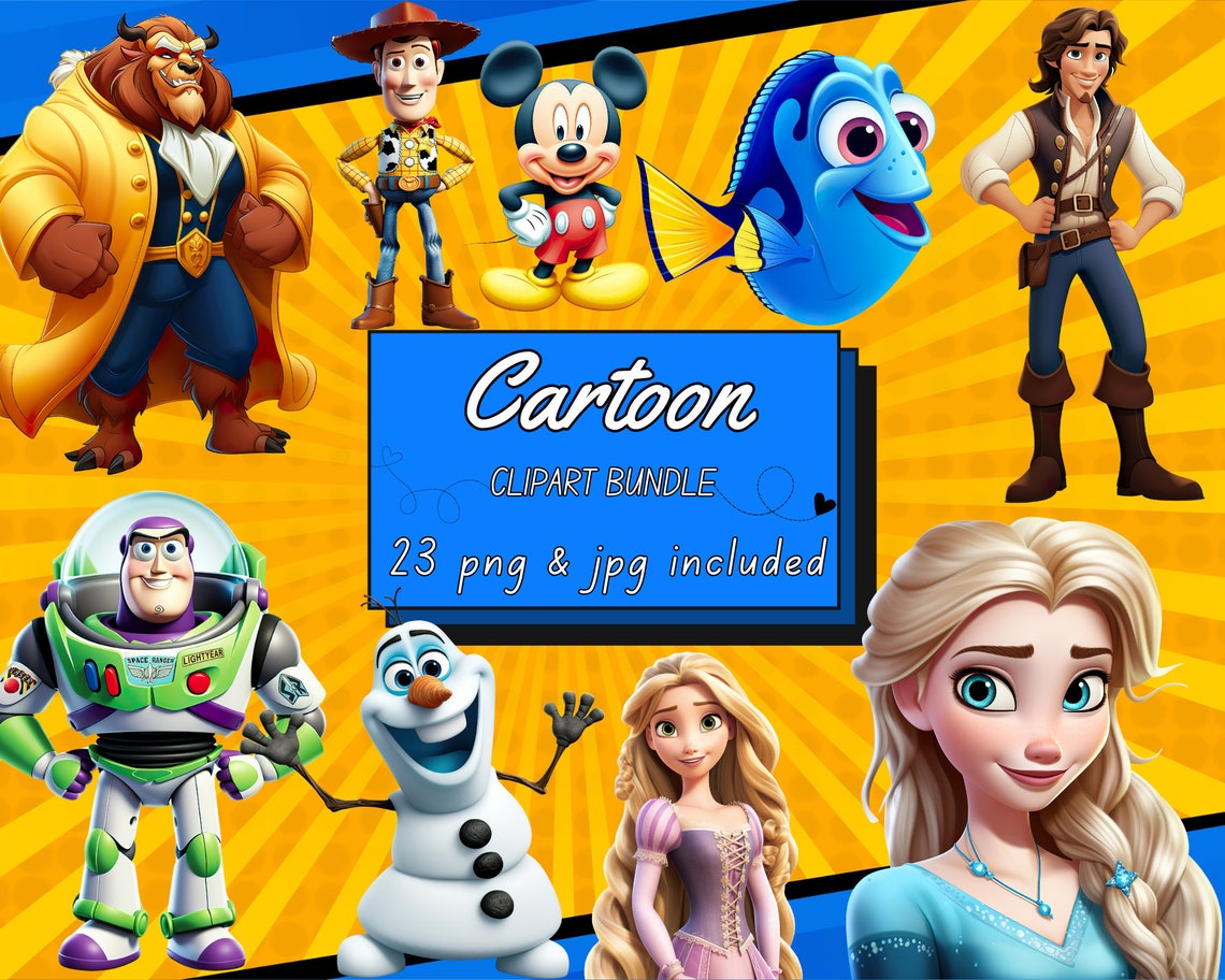 23 Cartoon Characters Clipart, Cartoon Style Clipart, Frozen, Toy Story ...
