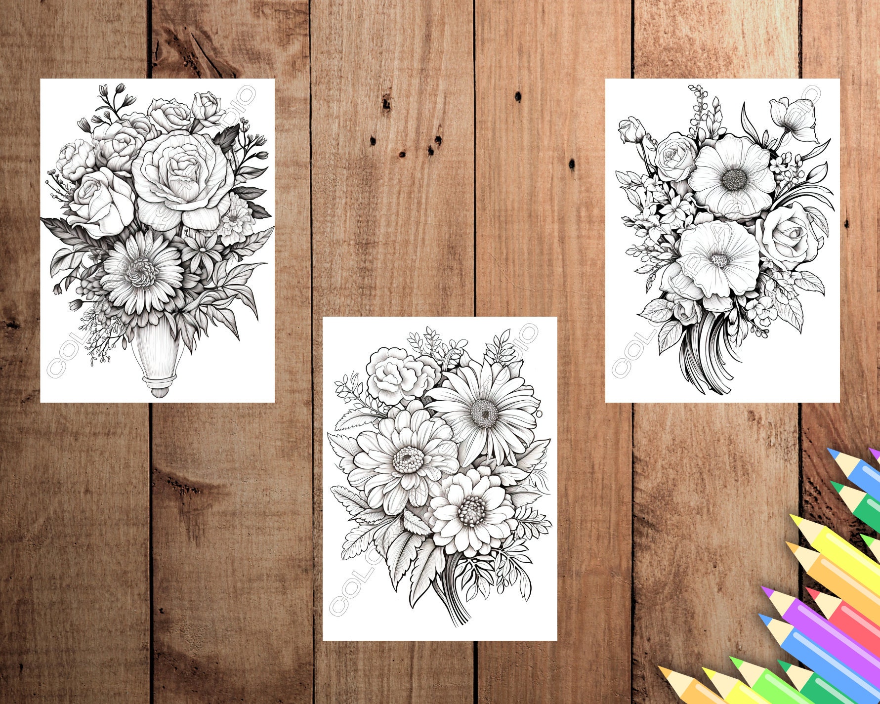 20 Enchanted Bouquet of Flowers Coloring Page, Floral Coloring Book ...