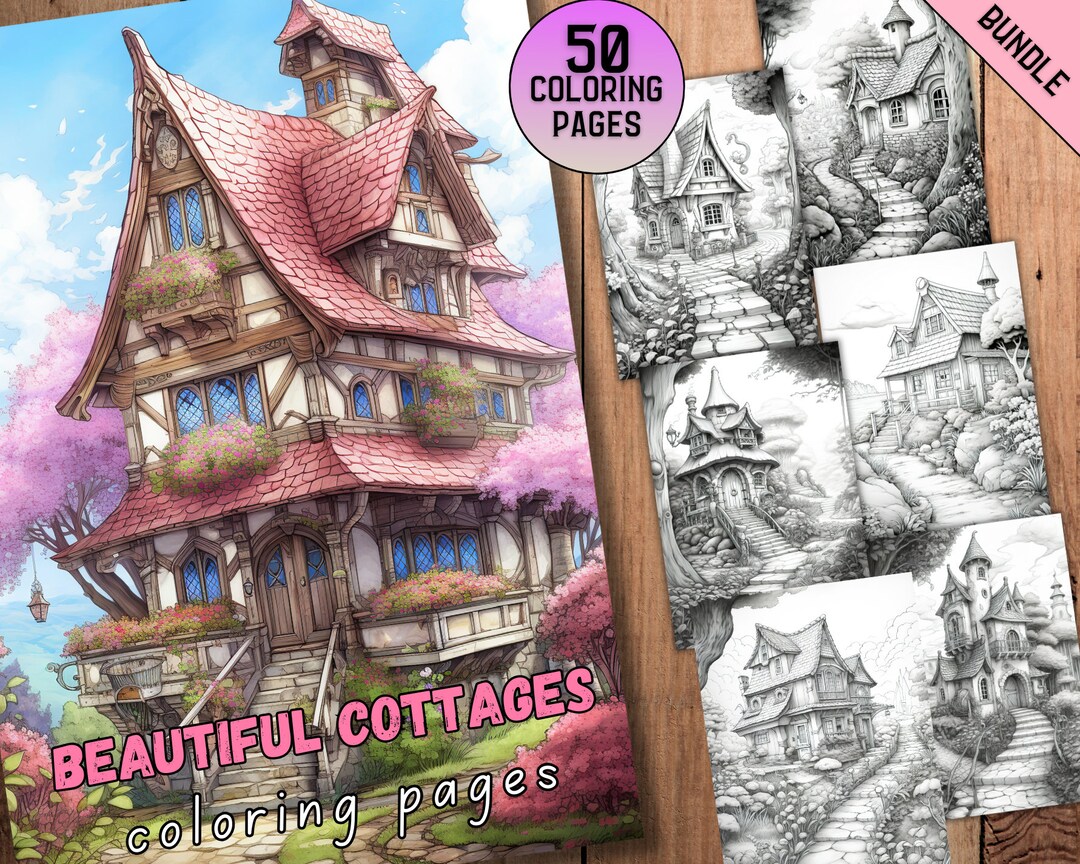 50 Beautiful Cottages Coloring Book Bundle | Adult & Kids Coloring ...