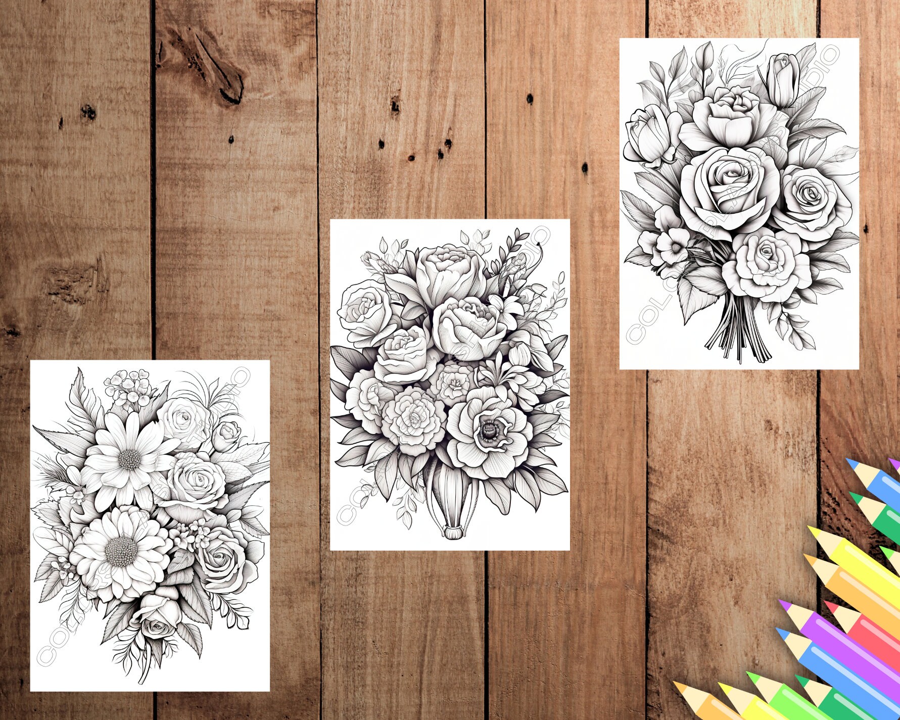 20 Enchanted Bouquet of Flowers Coloring Page, Floral Coloring Book ...