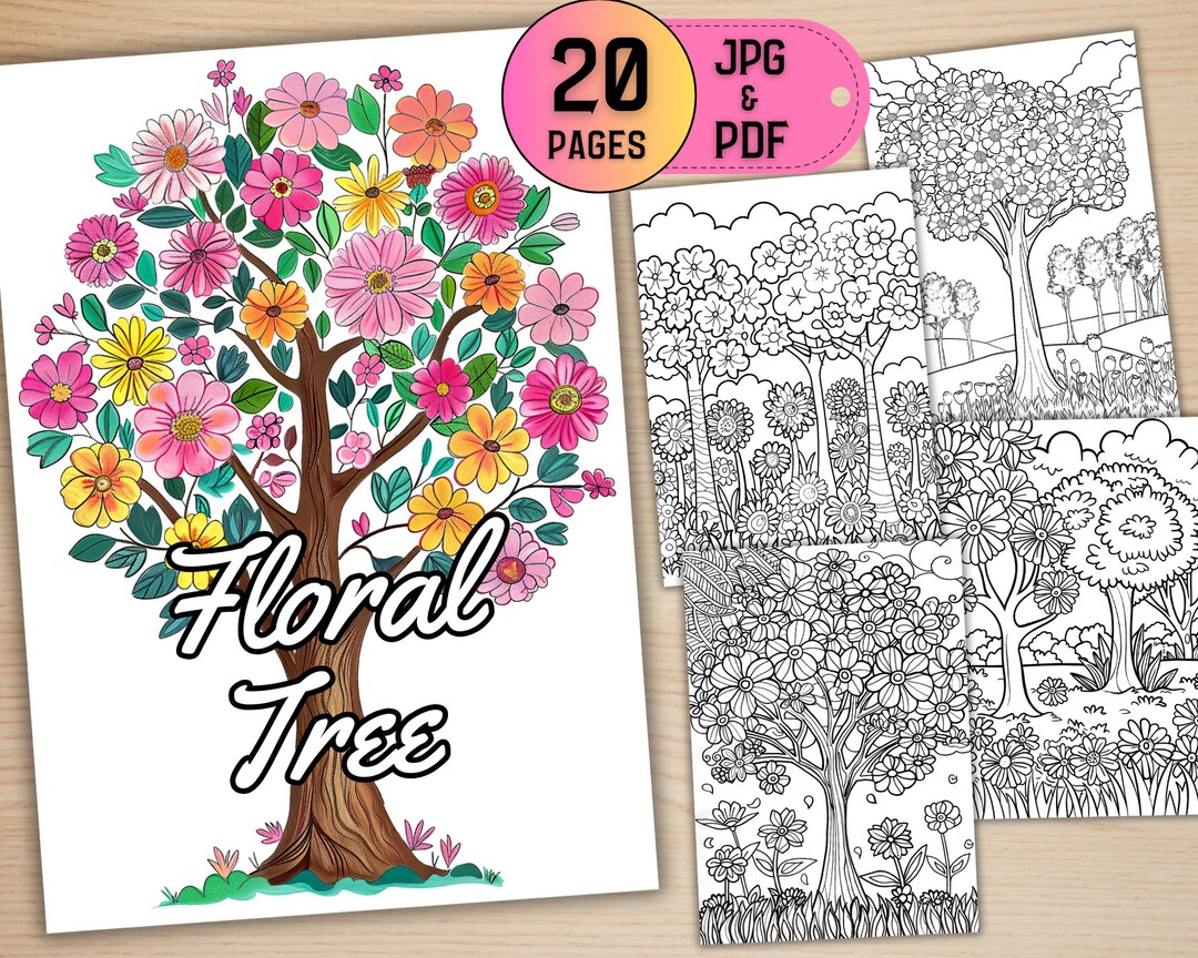20 Floral Tree Coloring Pages for Kids, Kids Coloring Book, Flower ...