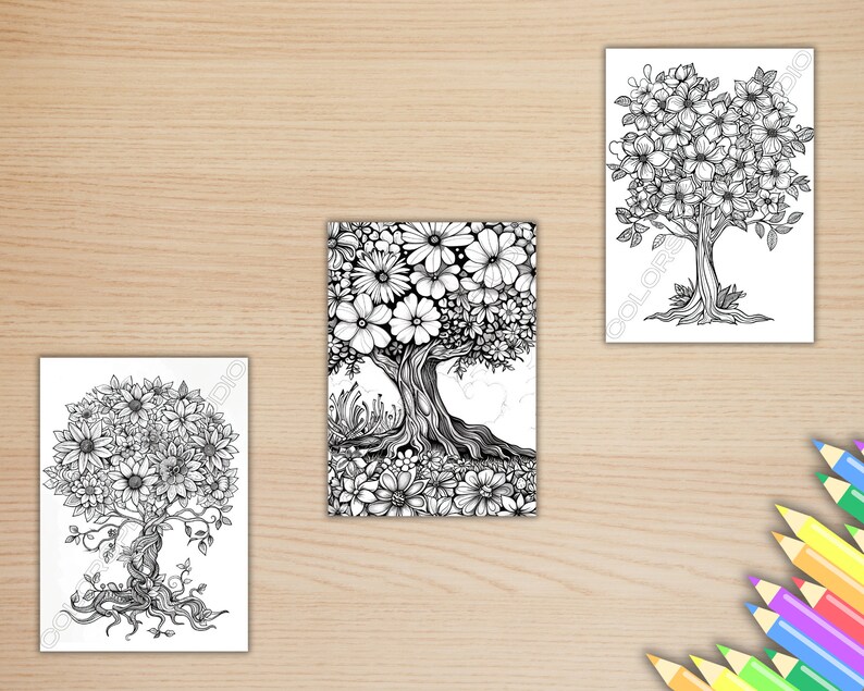 20 Blooming Floral Trees Coloring for Kids and Adults, Flower Coloring ...