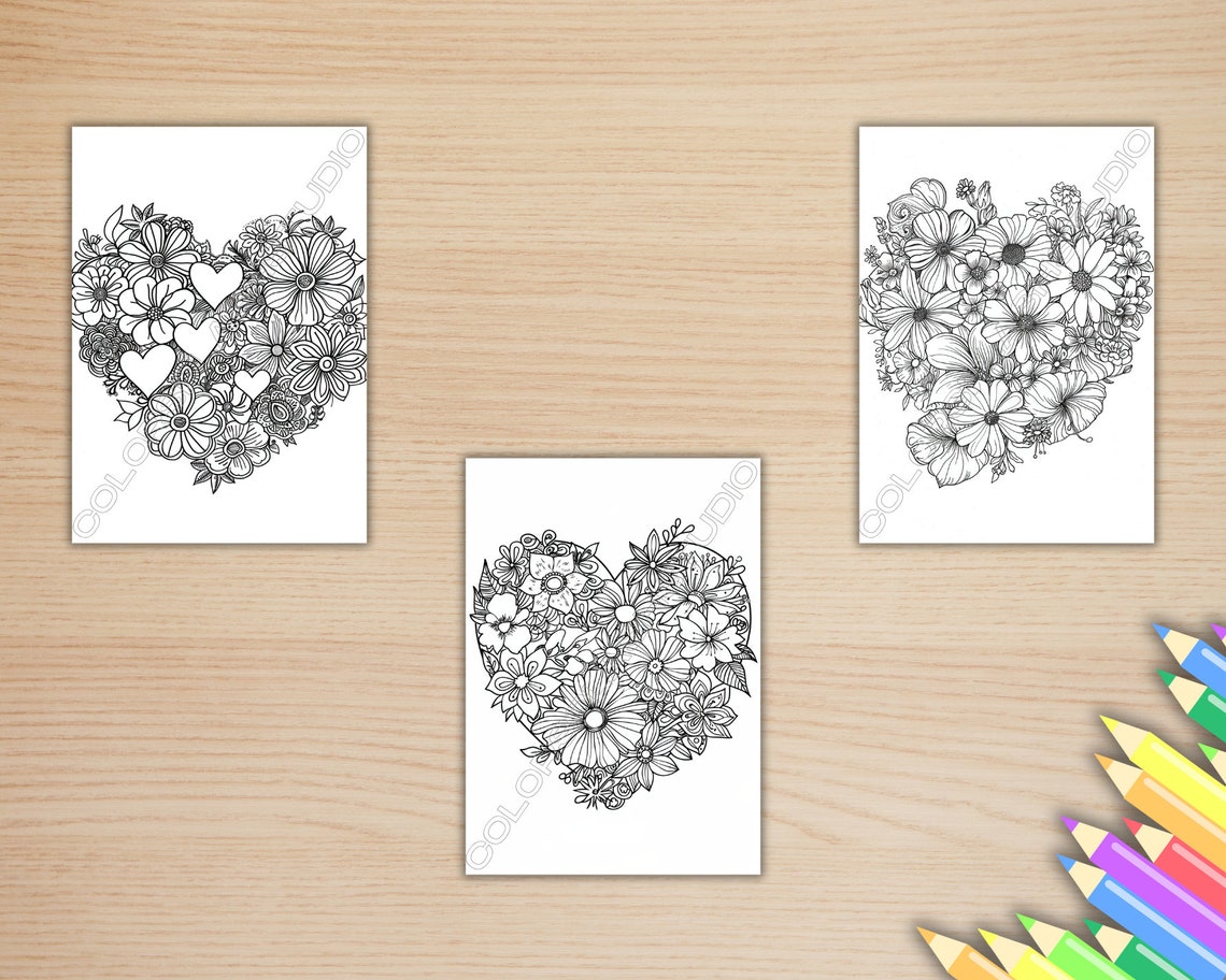 20 Hearth Shaped Flowers Coloring Page for Kids and Adults, Floral ...