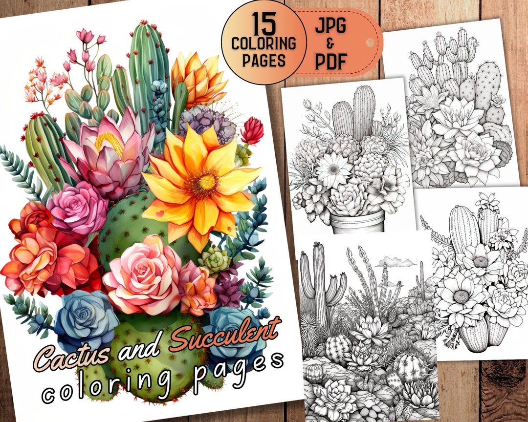 15 Floral Cactus and Succulent Coloring Page, Floral Coloring Page ...