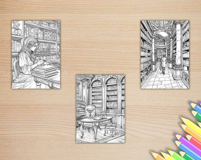 20 Enchanted Library Coloring Pages, Room Coloring, Adult Coloring Book ...