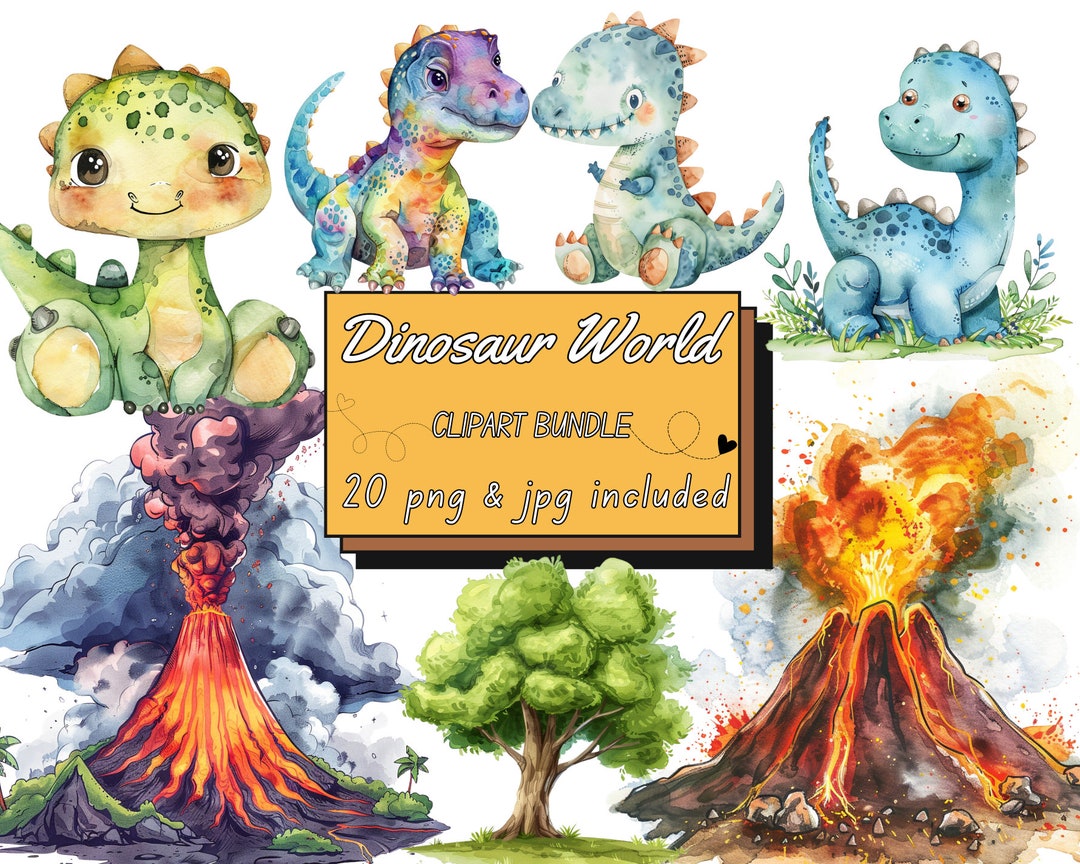 20 Dinosaur World Clipart Bundle, Trees, Dinos, Vulcans JPG & PNG Files ...