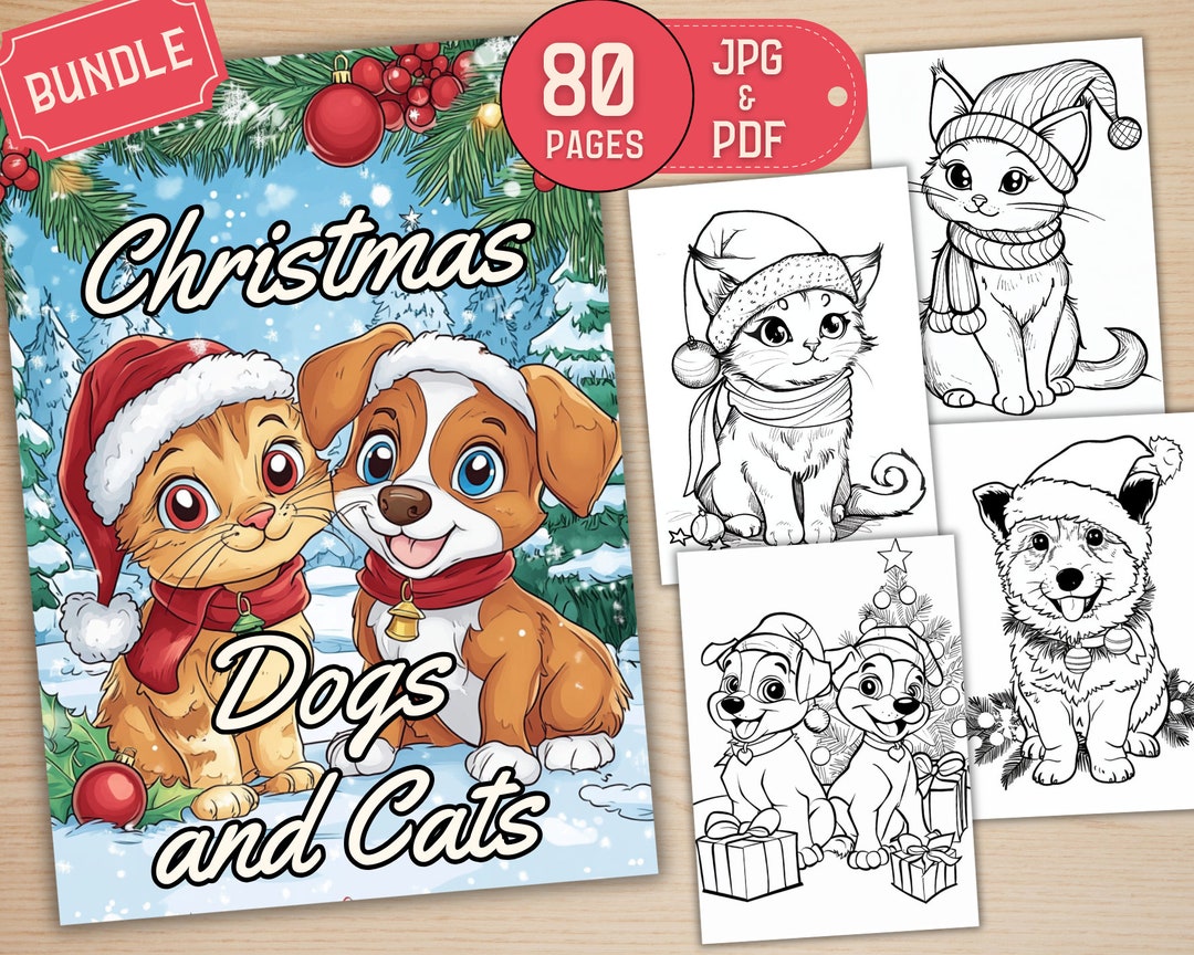 80 Cute Cats and Dogs Christmas Coloring Pages Bundle, Animals Coloring ...