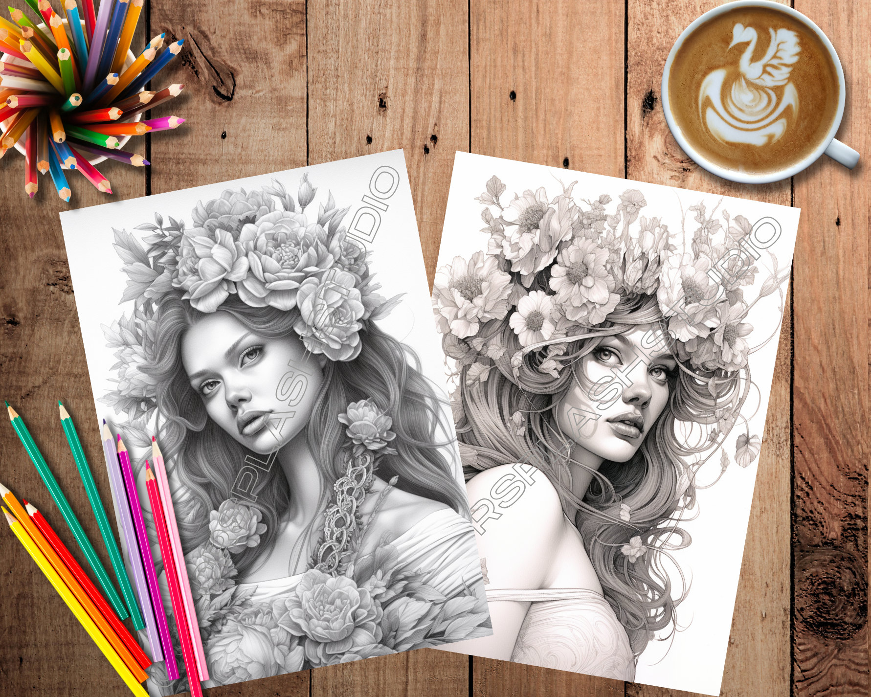 12 Beautiful Women Coloring Book - for Adults and Kids - Grayscale ...