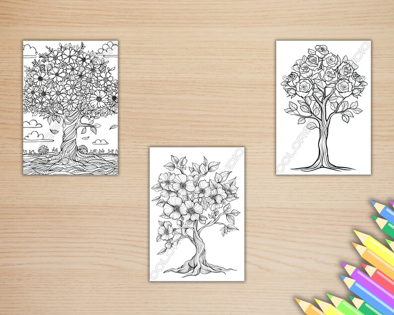 20 Blooming Flower Trees Coloring Book for Kids and Adults, Floral Tree ...