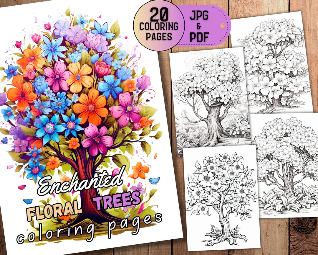 20 Enchanted Floral Trees Coloring Pages, Enchanted Spring Coloring ...