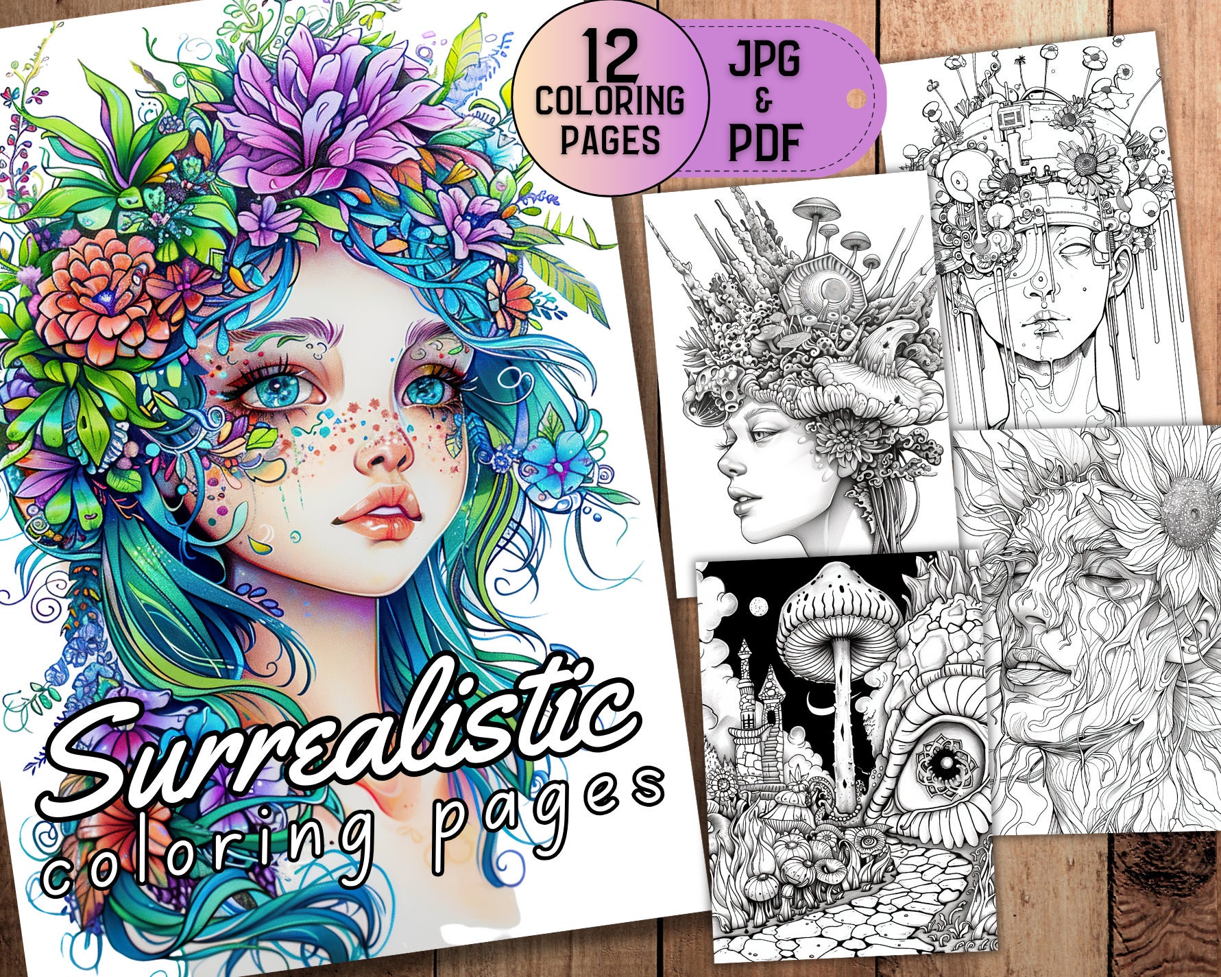 12 Enchanted Surrealistic Coloring Page Set 2, Psychedelic Coloring ...