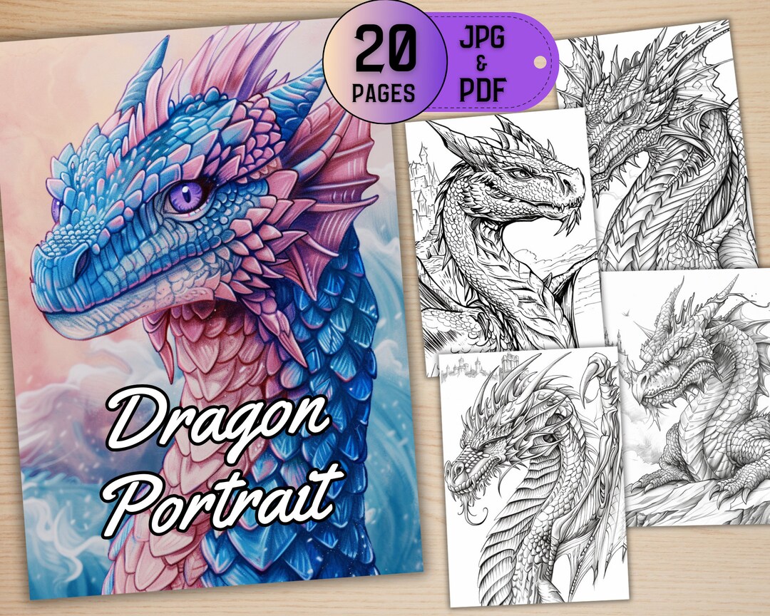 20 Fantasy Dragons Portrait Coloring Pages for Kids and Adults, Fantasy ...