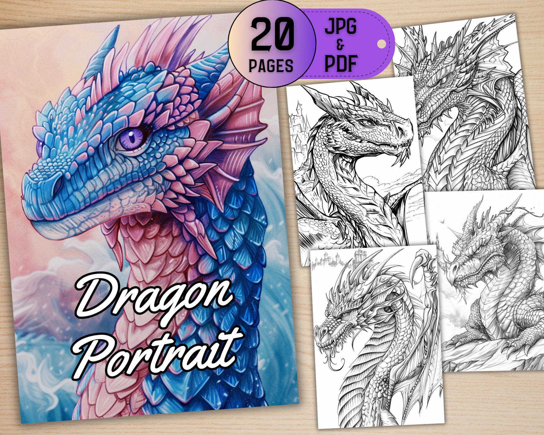 20 Fantasy Dragons Portrait Coloring Pages for Kids and Adults, Fantasy ...