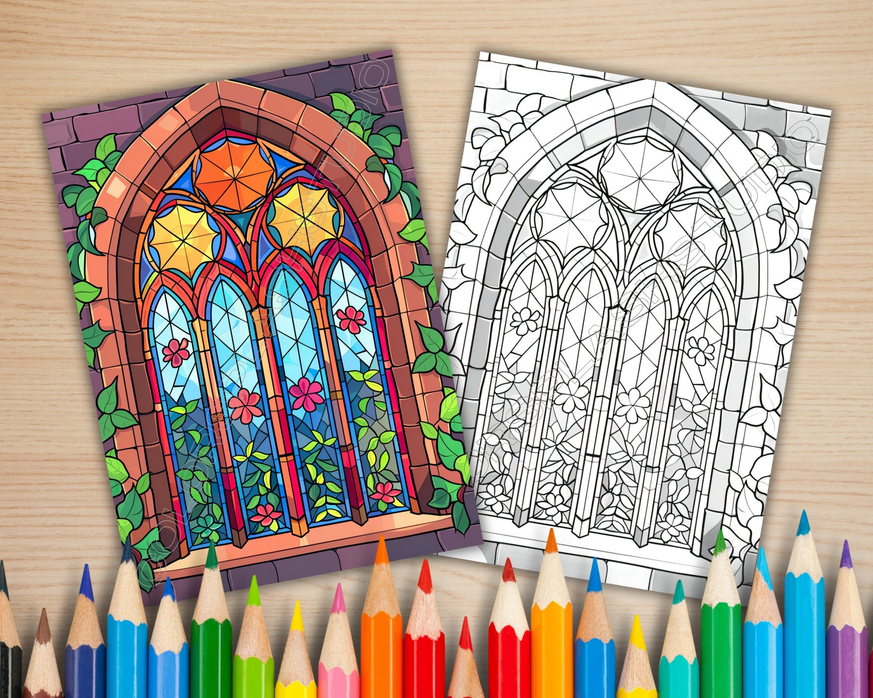 20 Stained Glass Coloring for Kids and Adults, Stained Windows Coloring ...
