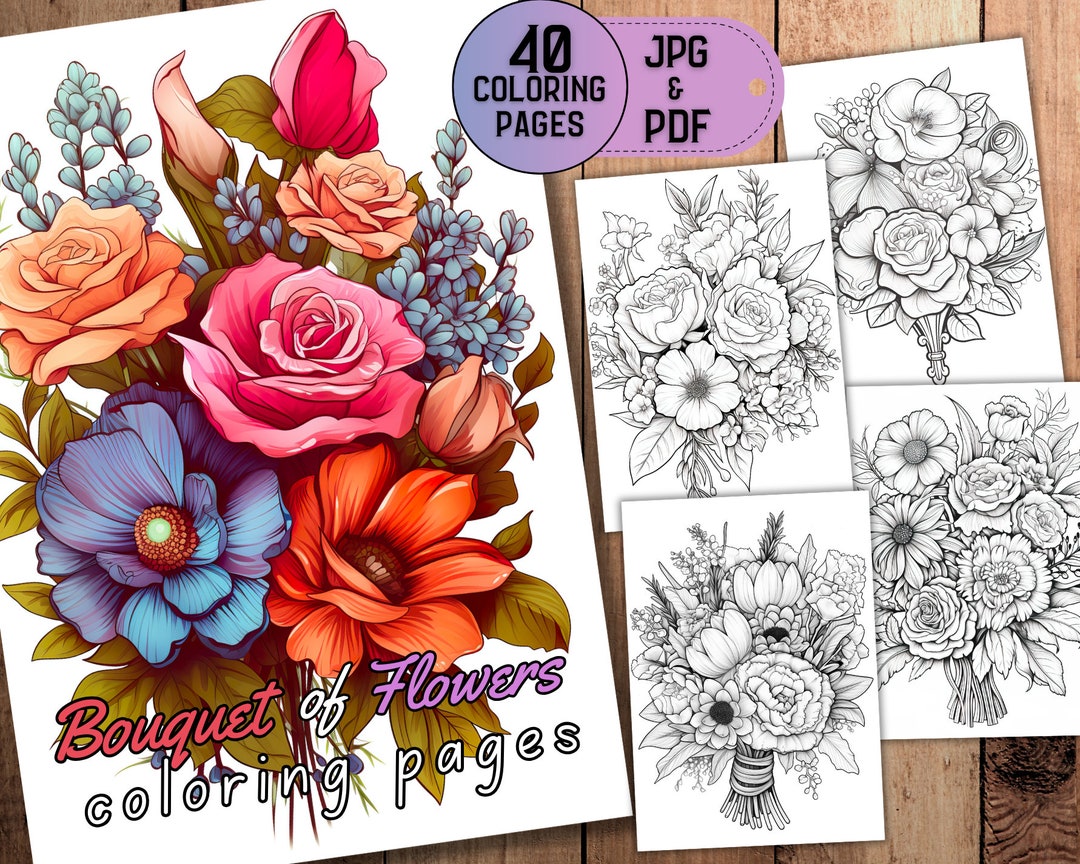 40 Beautiful Bouquet of Flowers Coloring Pages, Adult Coloring, Floral ...