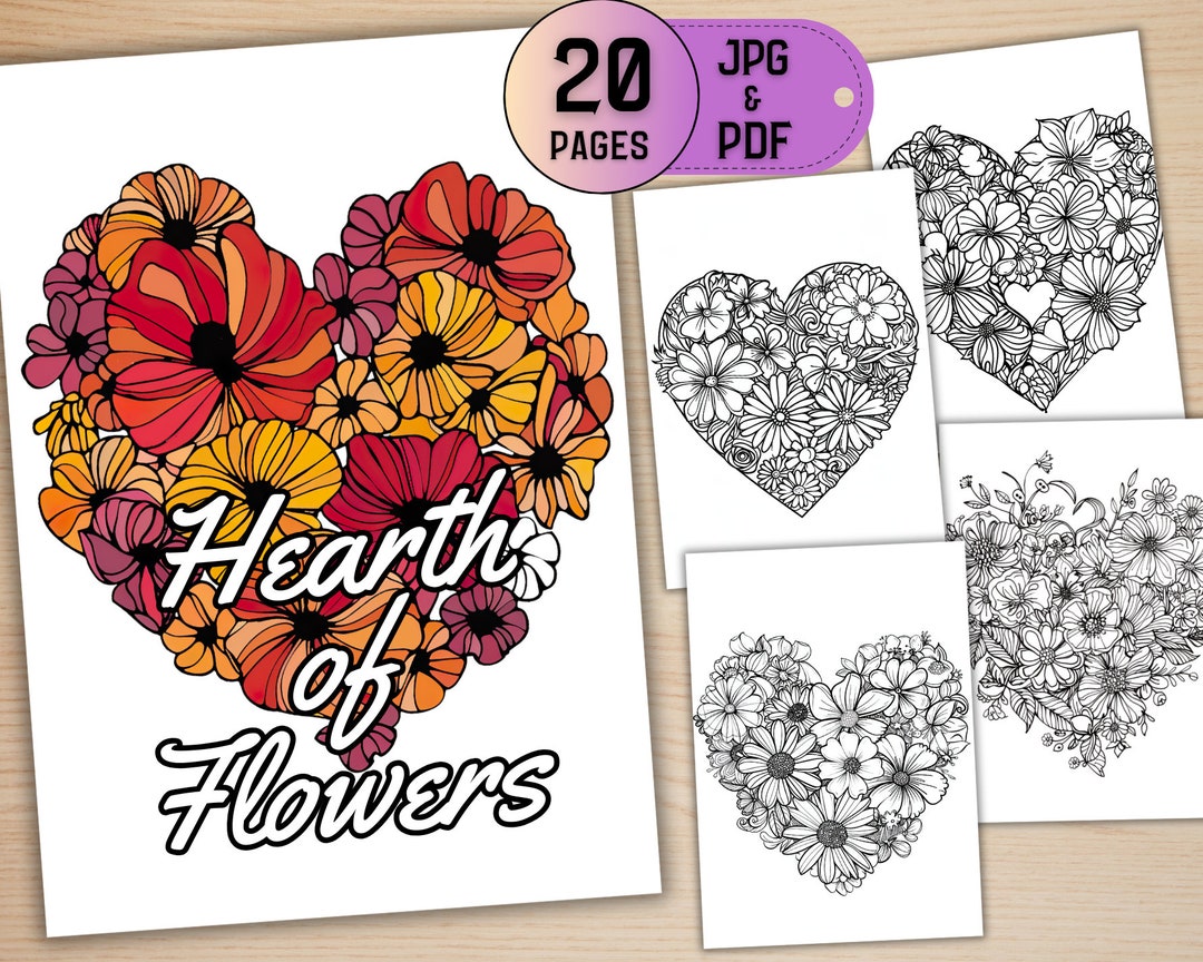 20 Hearth Shaped Flowers Coloring Page for Kids and Adults, Floral ...