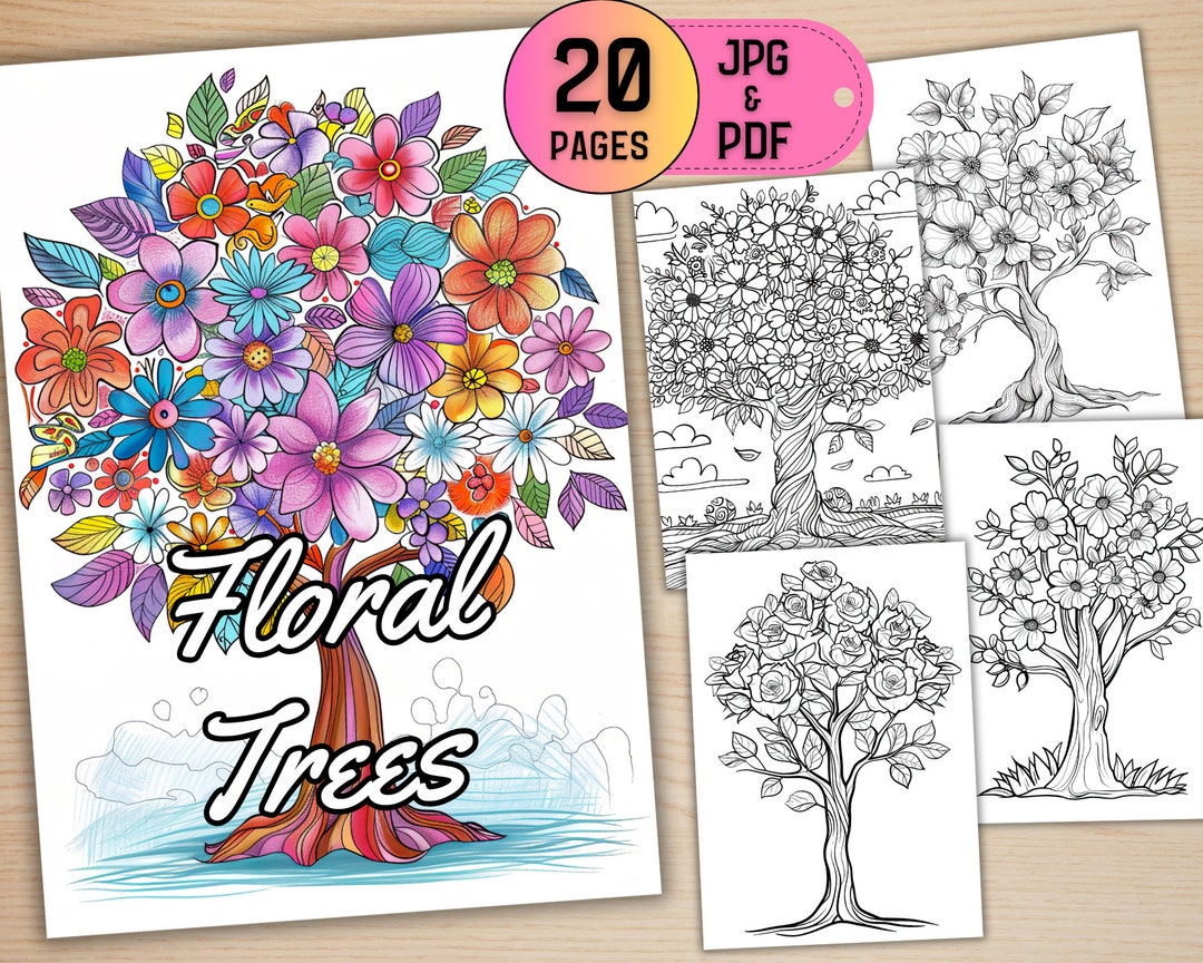 20 Blooming Flower Trees Coloring Book for Kids and Adults, Floral Tree ...