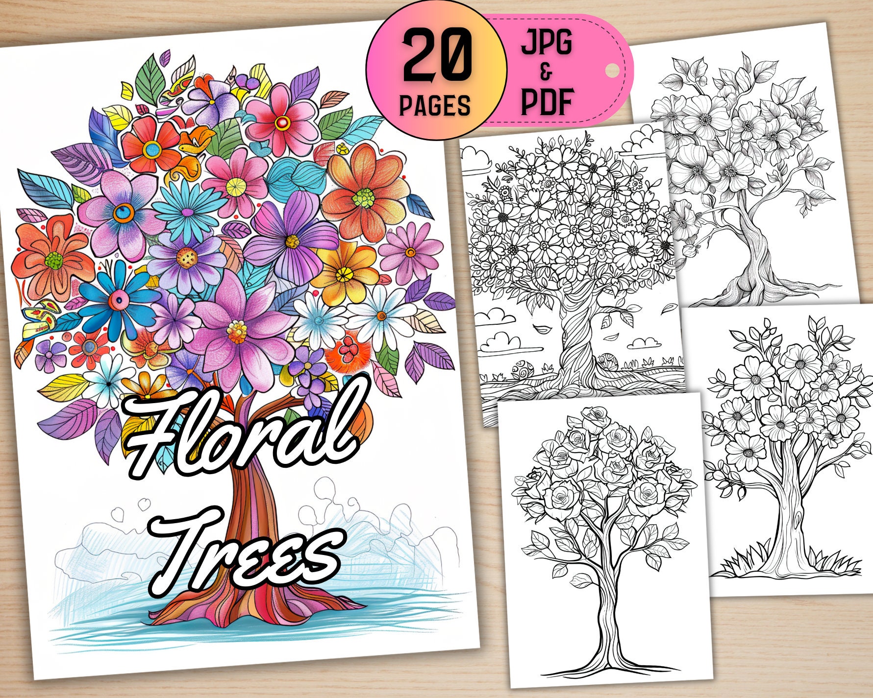 20 Blooming Flower Trees Coloring Book for Kids and Adults, Floral Tree ...