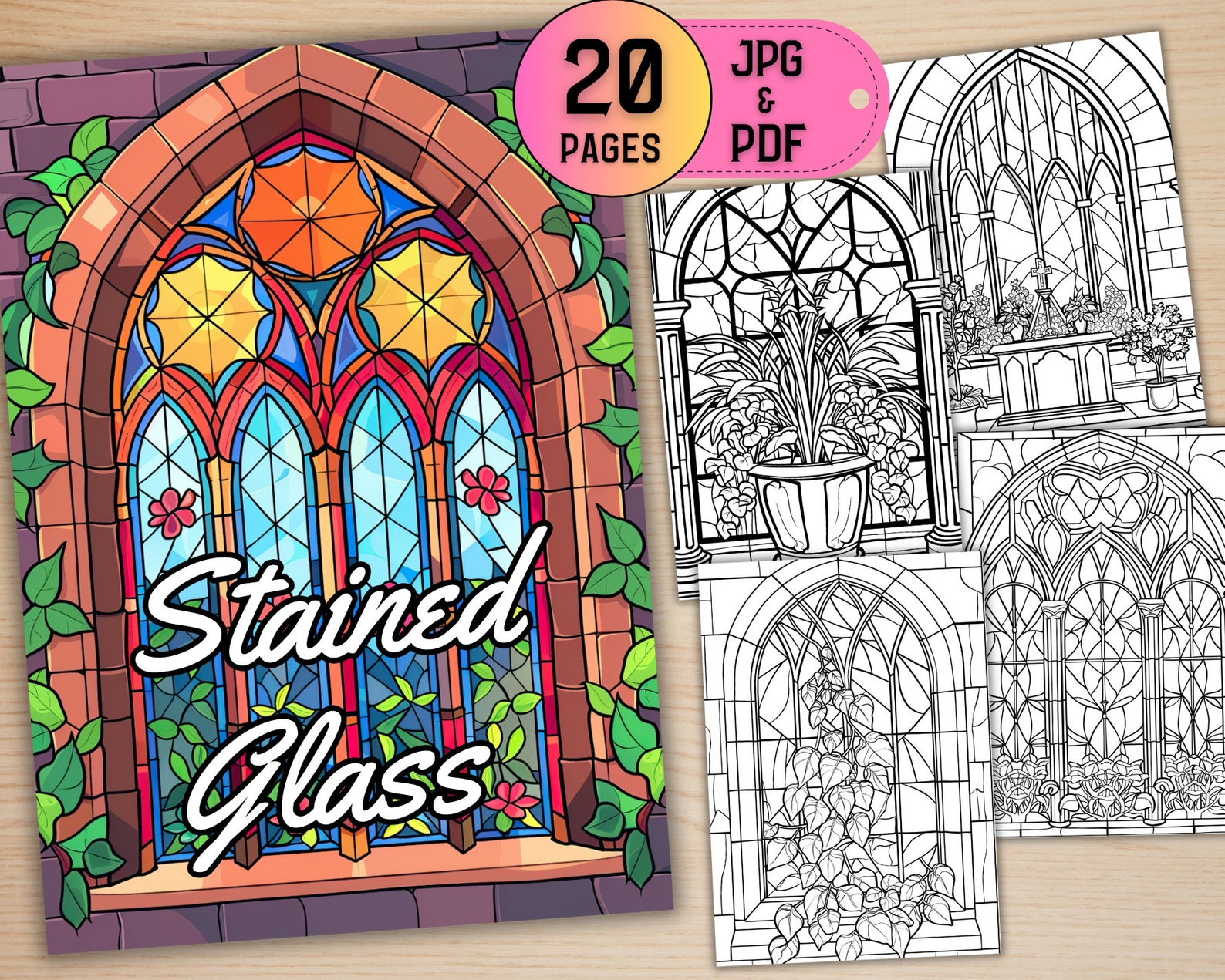 20 Stained Glass Coloring for Kids and Adults, Stained Windows Coloring ...