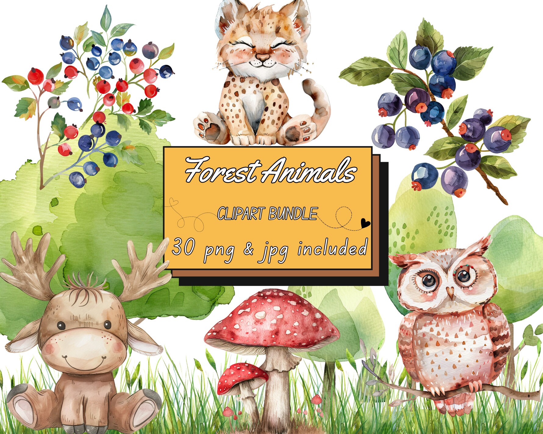 30 Forest Animal Clipart, Forest Themed Clipart, Berries, Trees, Animal ...