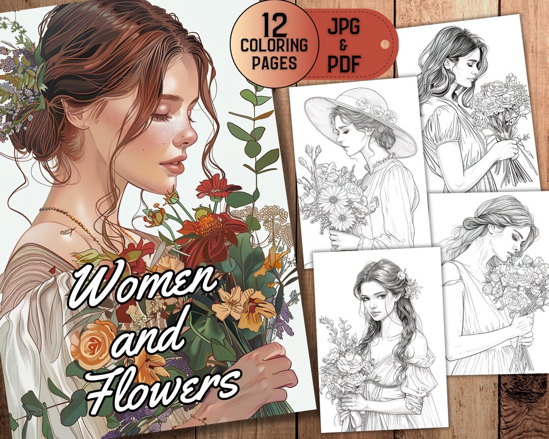 12 Beautiful Women With Flowers Coloring Book, Flower Coloring Page ...
