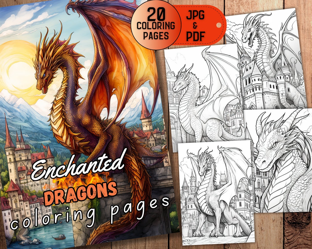 20 Enchanted Dragons Coloring Book, Adult Coloring Book, Fantasy ...