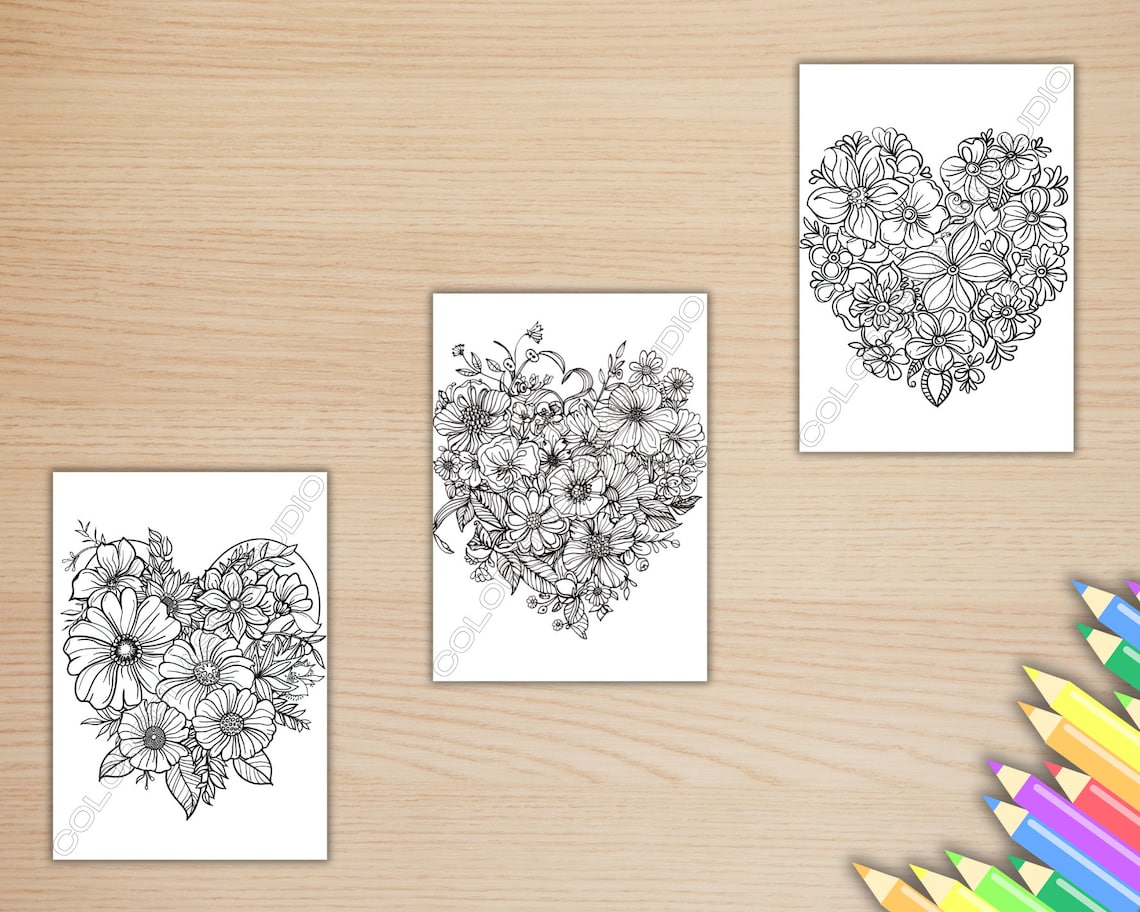 20 Hearth Shaped Flowers Coloring Page for Kids and Adults, Floral ...