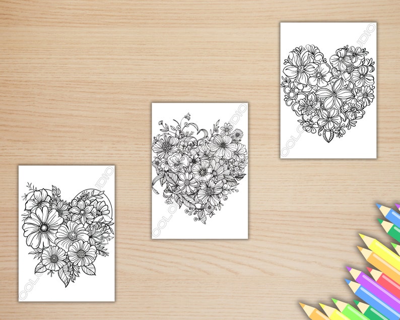 20 Hearth Shaped Flowers Coloring Page for Kids and Adults, Floral ...