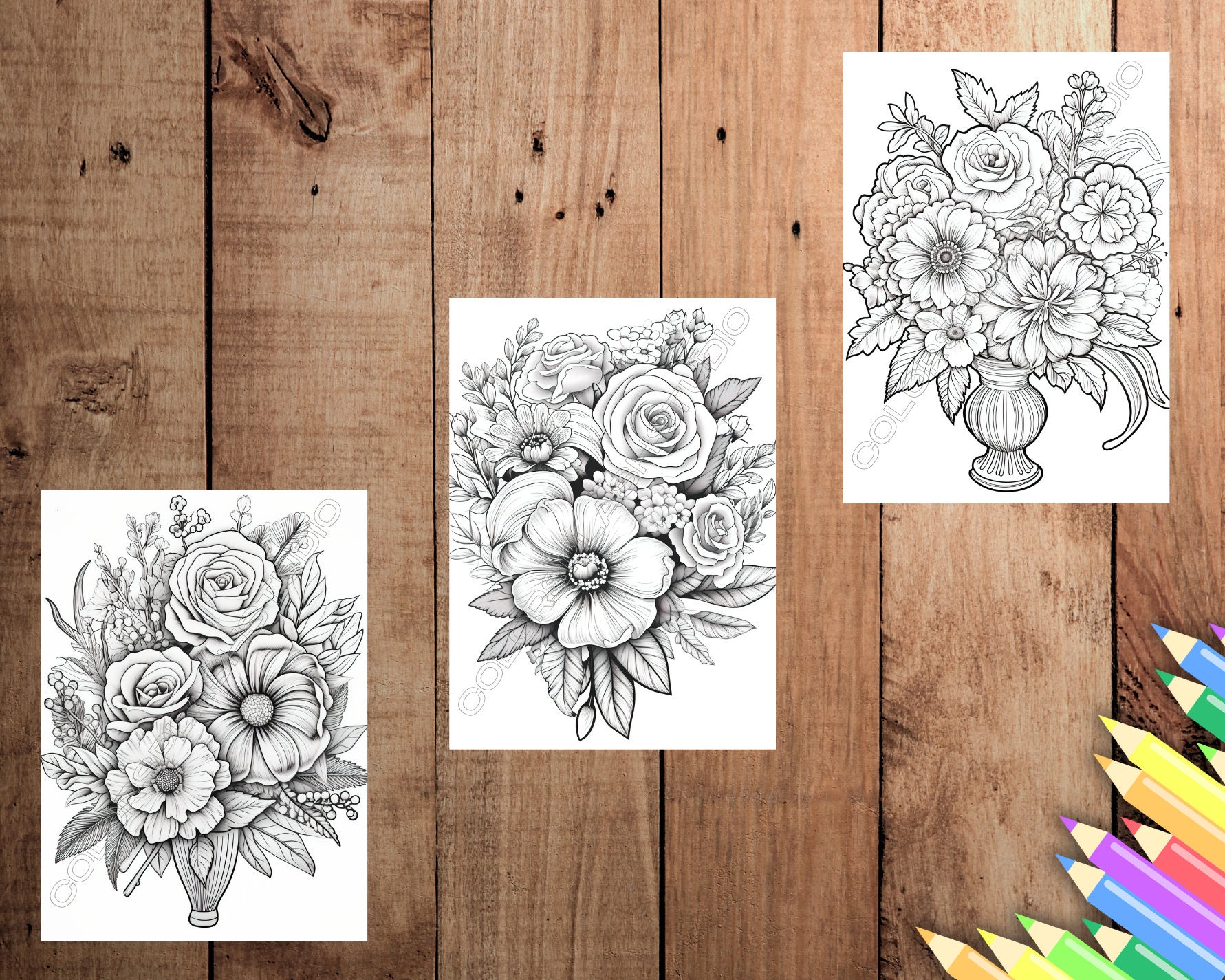 20 Enchanted Bouquet of Flowers Coloring Page, Floral Coloring Book ...